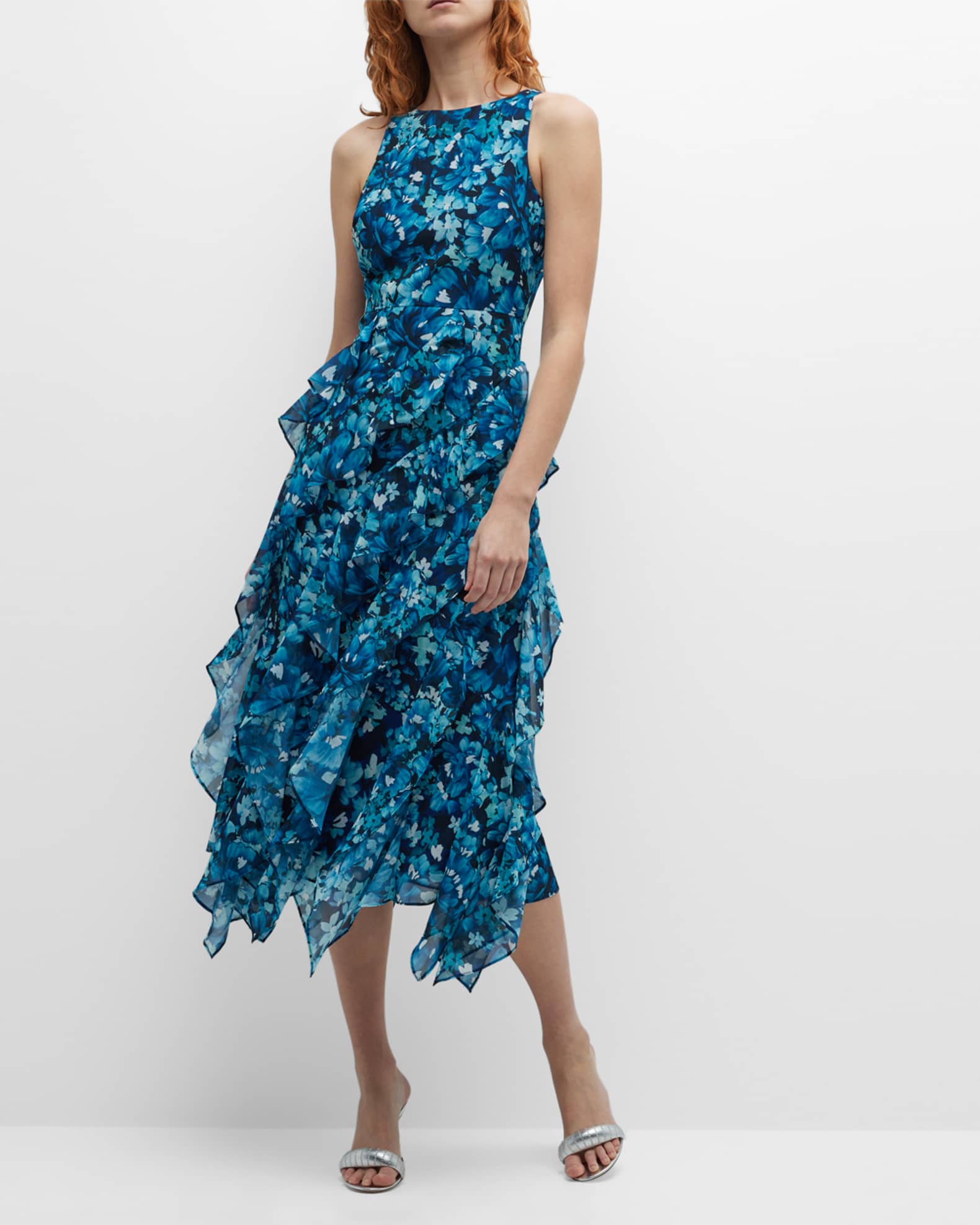 Badgley Mischka Collection Floral-Print Cascading Ruffle Midi Dress ...