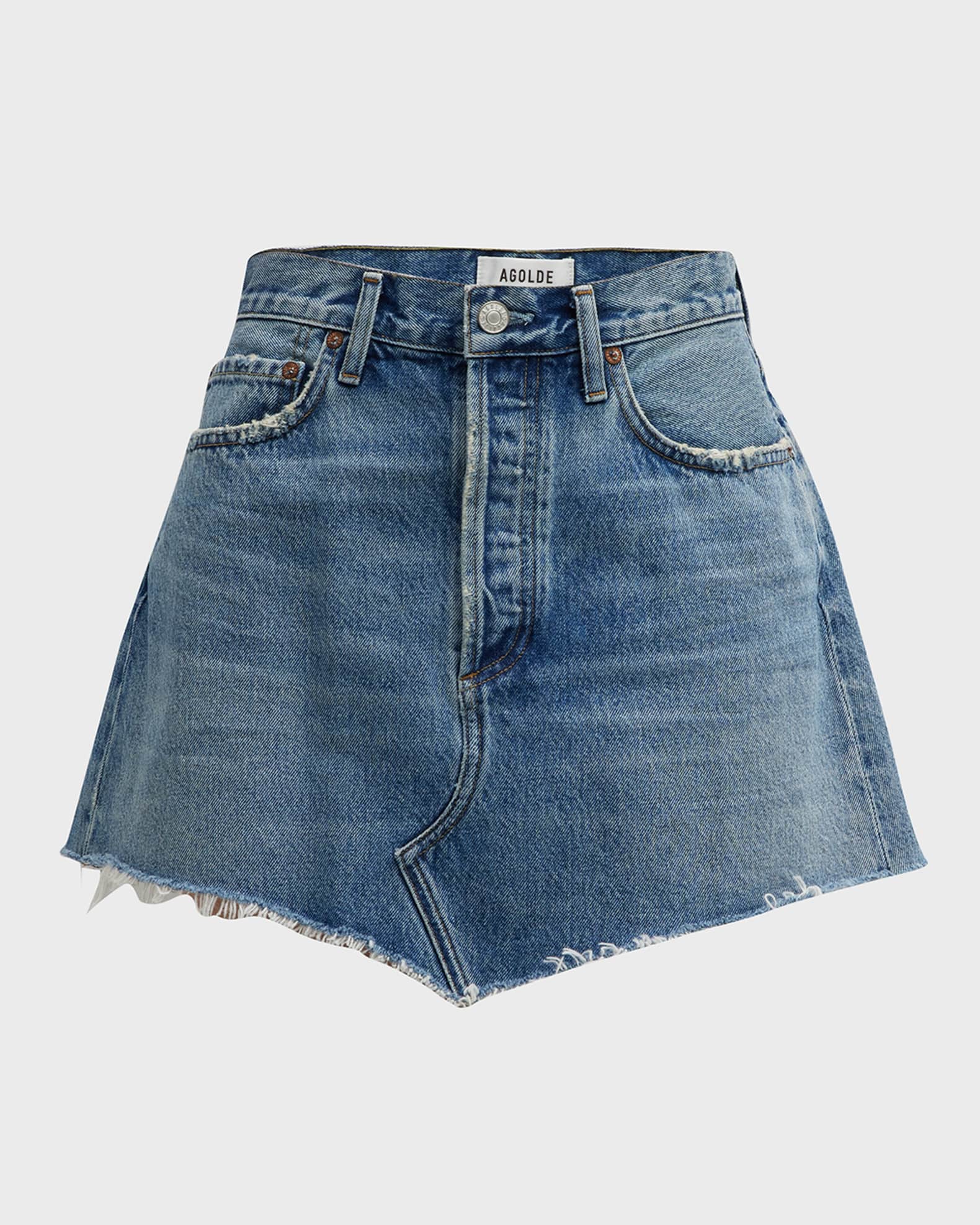 AGOLDE Parker Angled-Hem Denim Mini Skirt | Neiman Marcus