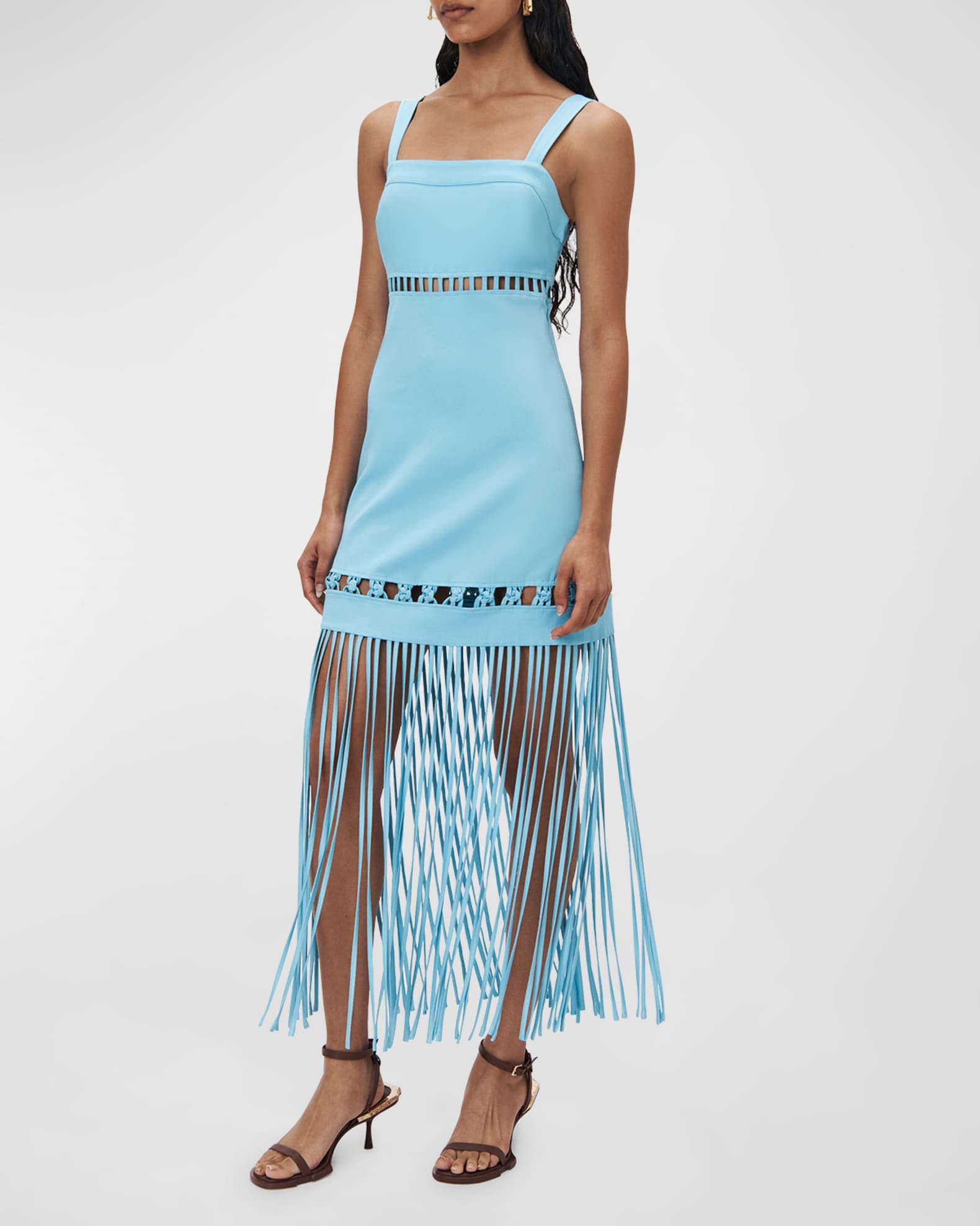 SIMKHAI Effy Macramé Sateen Fringe Midi Dress | Neiman Marcus