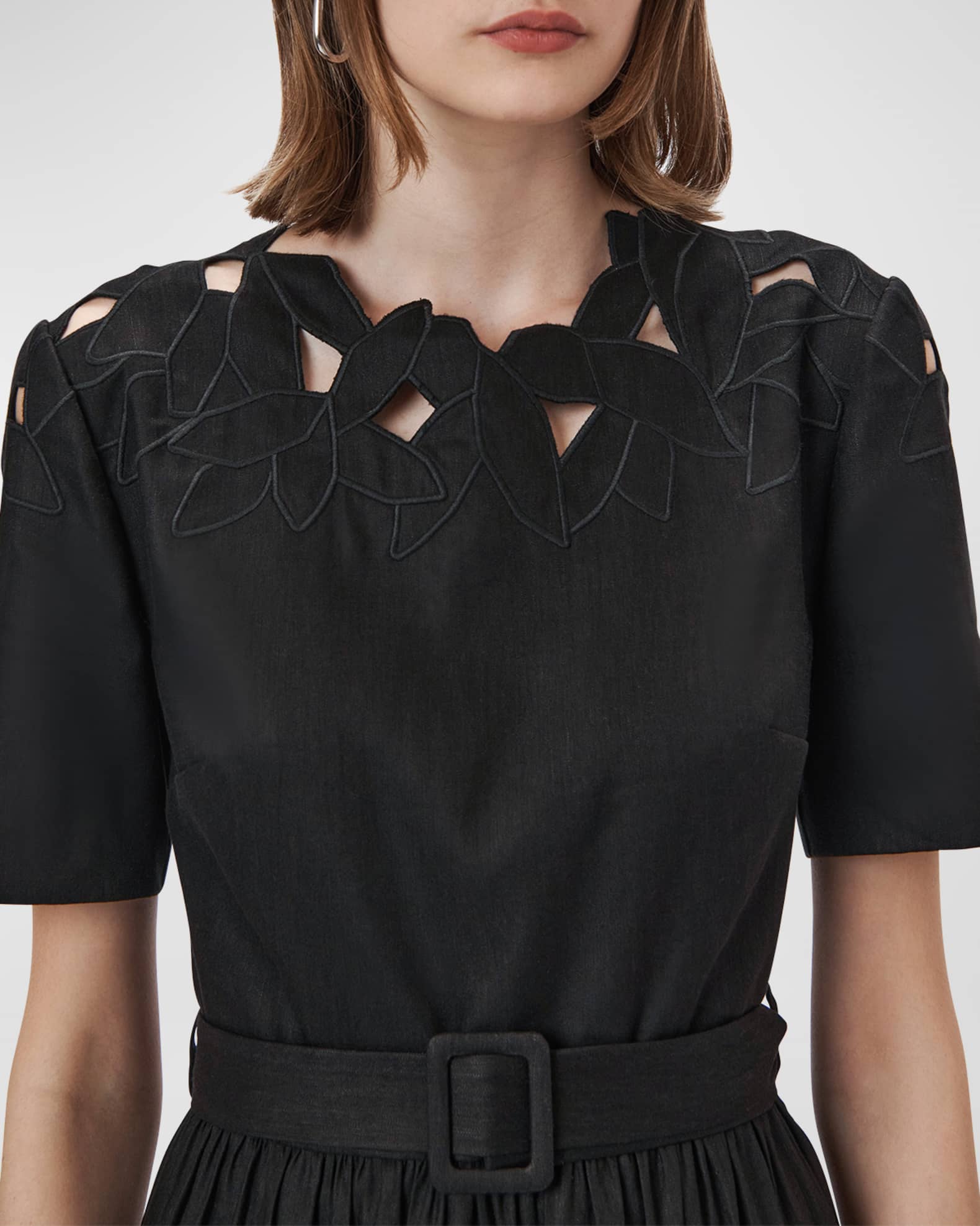 SIMKHAI Jilly Embroidered Short-Sleeve Belted Midi Dress | Neiman Marcus