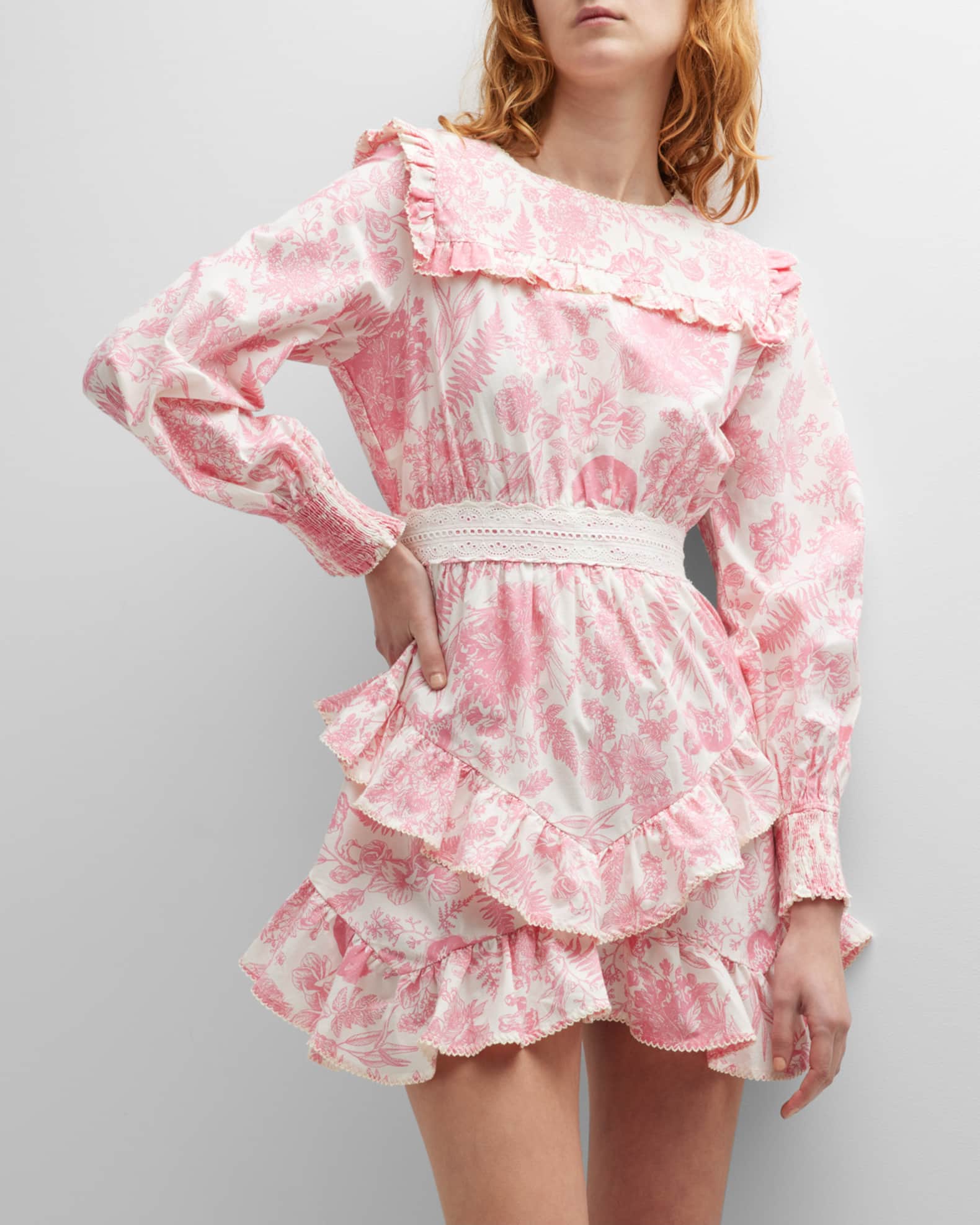 LALIBELA Daphnee Short Embroidered Tiered-Ruffle Dress | Neiman Marcus