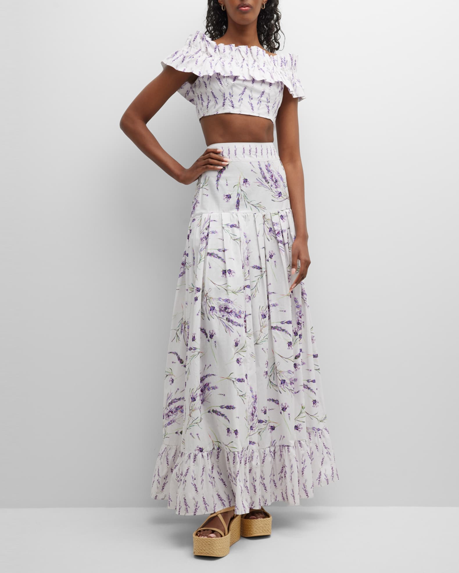 LALIBELA Belle Floral Cotton Gathered Ruffle Crop Top | Neiman Marcus