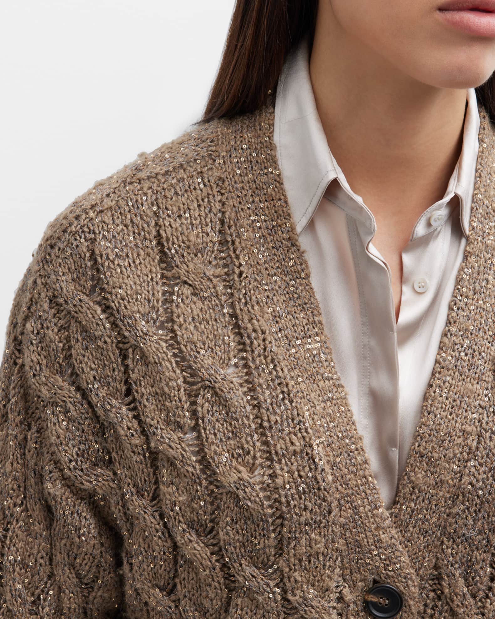 Brunello Cucinelli Silk Linen Paillette Cable-Knit Crop Cardigan ...