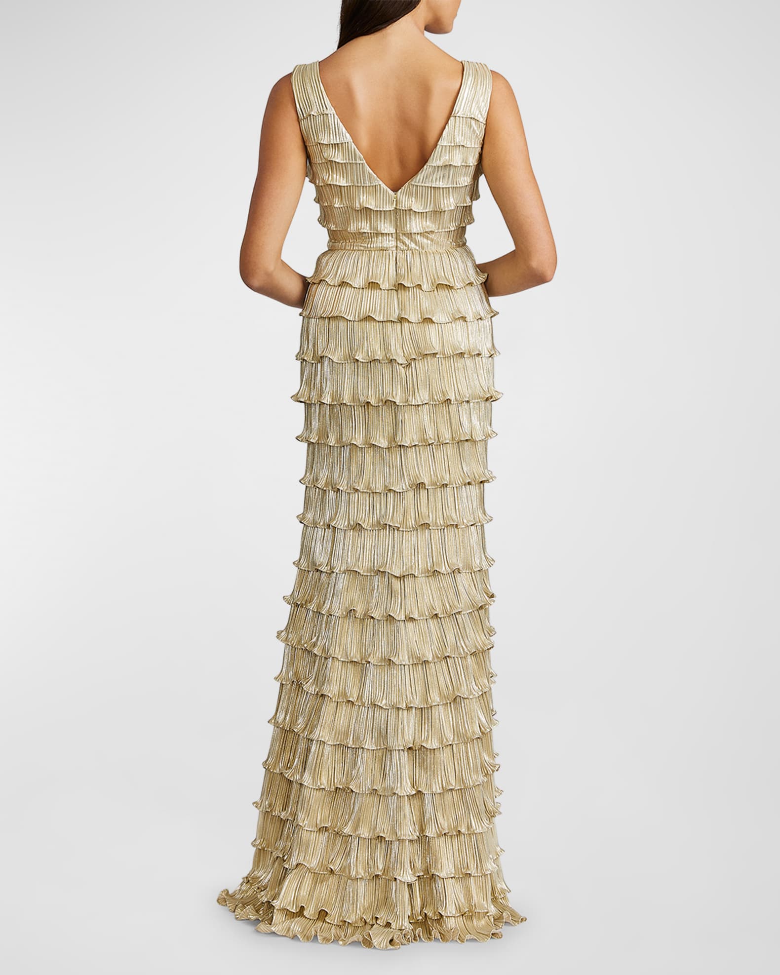 Zac Posen Deep V-Neck Metallic Ruffle-Tiered Gown | Neiman Marcus
