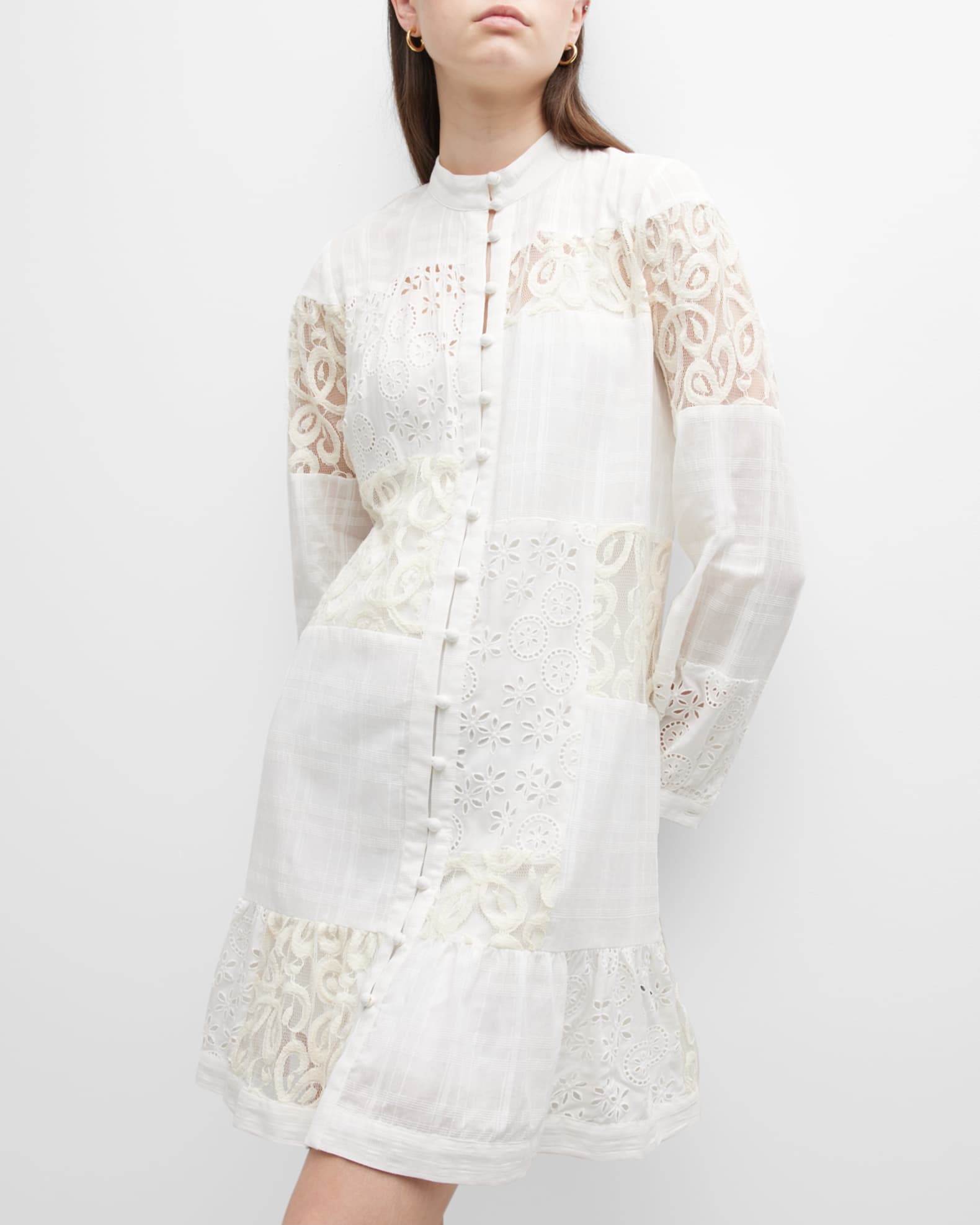 Johnny Was Chet Patchwork Eyelet Mini Dress | Neiman Marcus