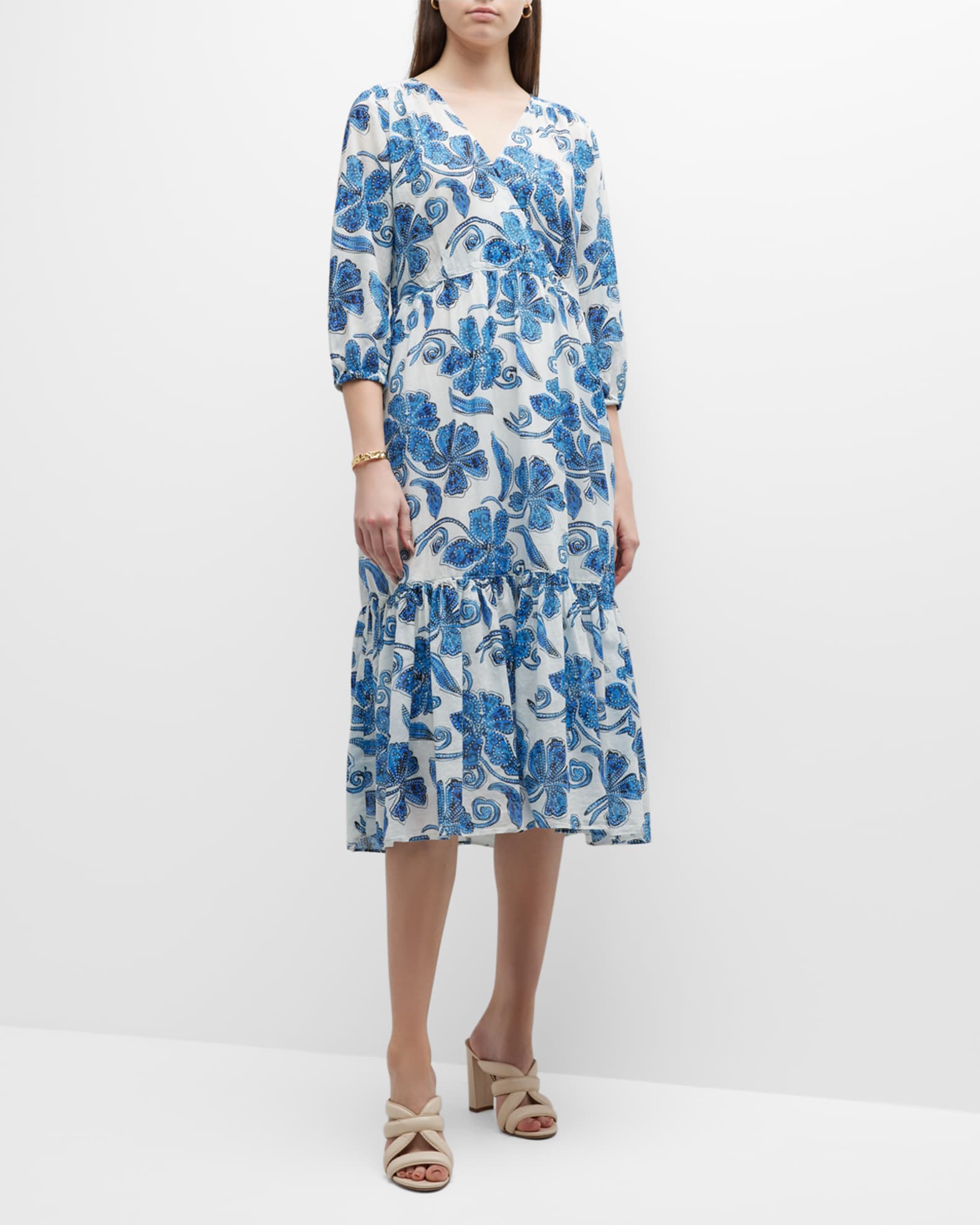 Johnny Was Azura Floral-Print Flounce Midi Dress | Neiman Marcus