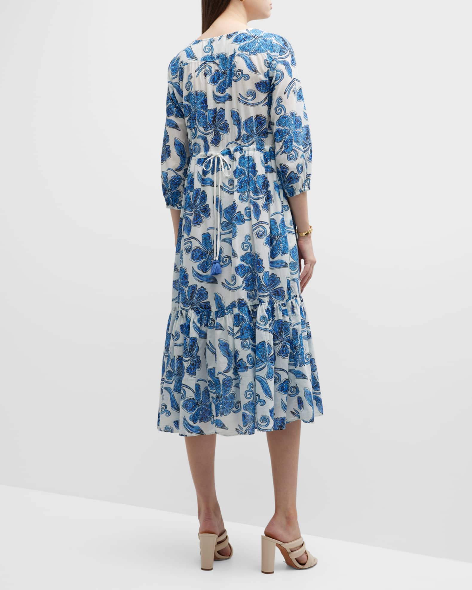 Johnny Was Azura Floral-Print Flounce Midi Dress | Neiman Marcus