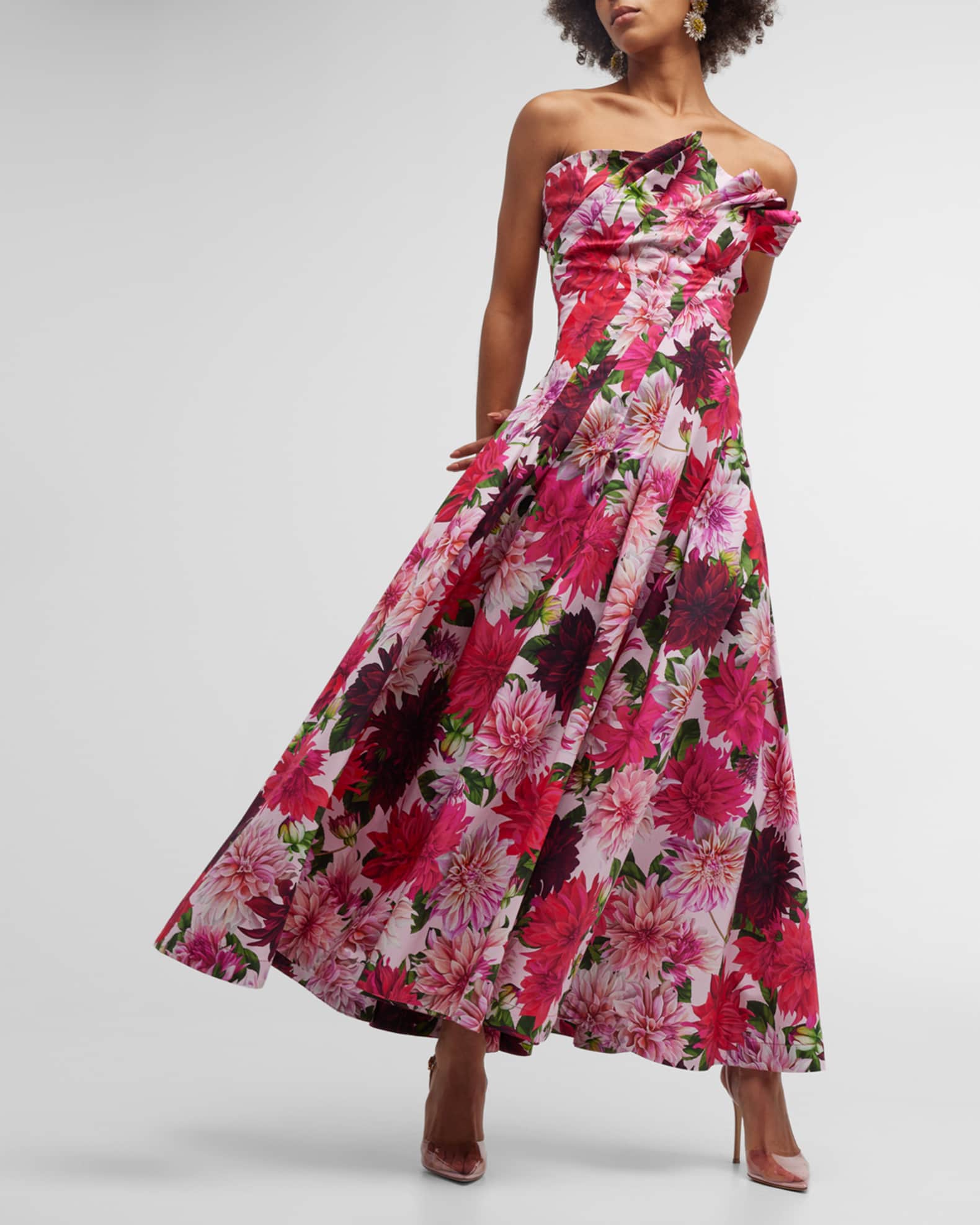 Oscar de la Renta Dahlia Print Strapless Poplin Dress with Draped ...