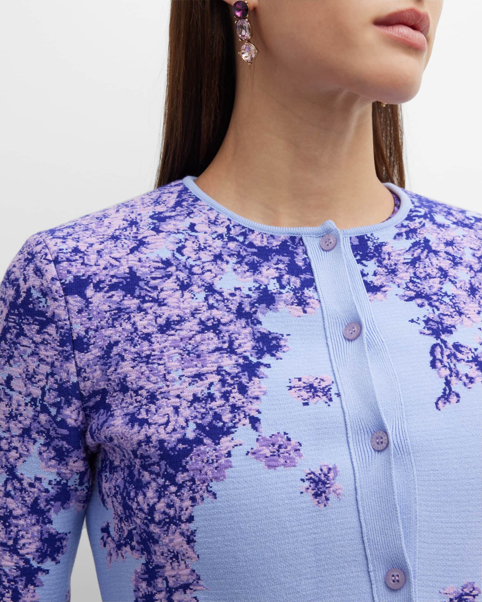 Oscar de la Renta Button-Front Lilac Jacquard Crop Cardigan | Neiman Marcus
