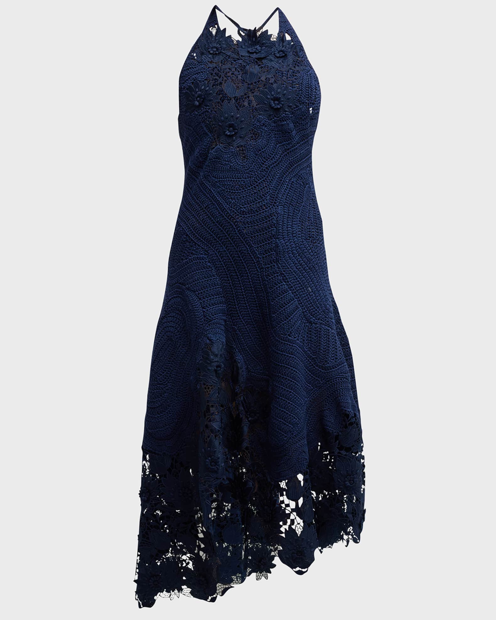 Oscar de la Renta Floral Lace-Inset Hand Crochet Halter Midi Dress ...