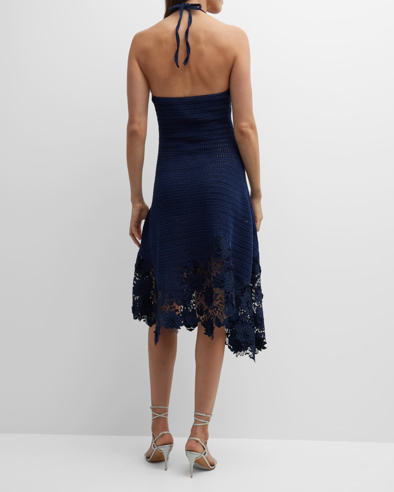 Oscar de la Renta Floral Lace-Inset Hand Crochet Halter Midi Dress ...