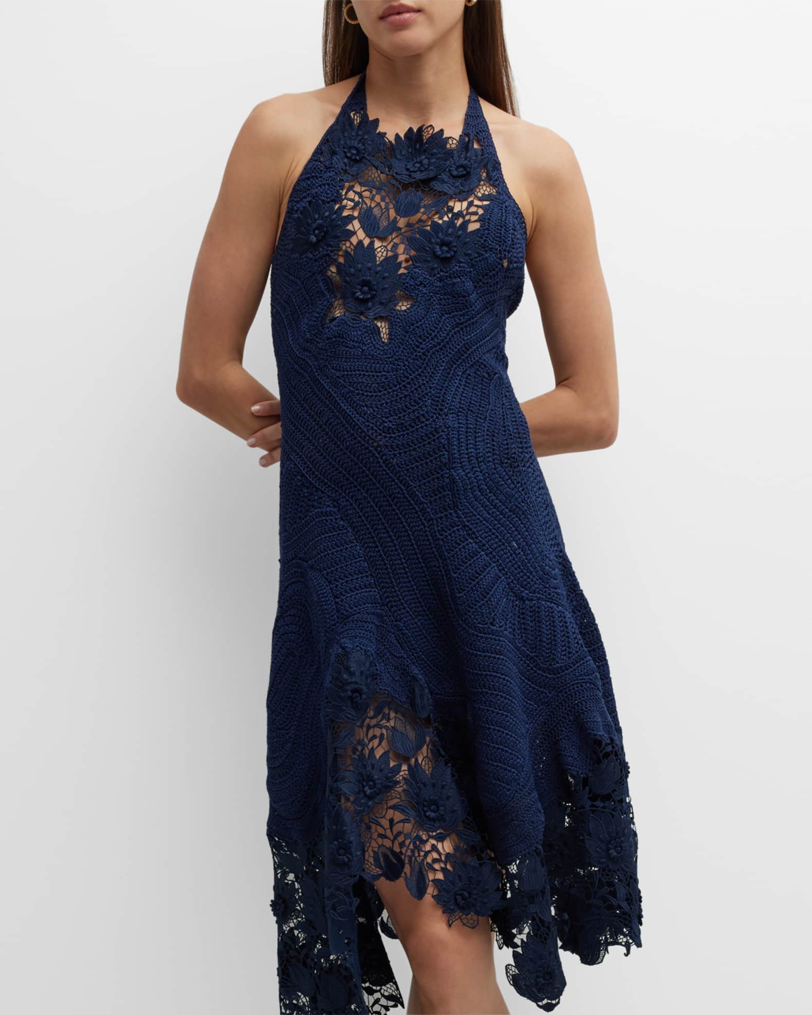 Oscar de la Renta Floral Lace-Inset Hand Crochet Halter Midi Dress ...