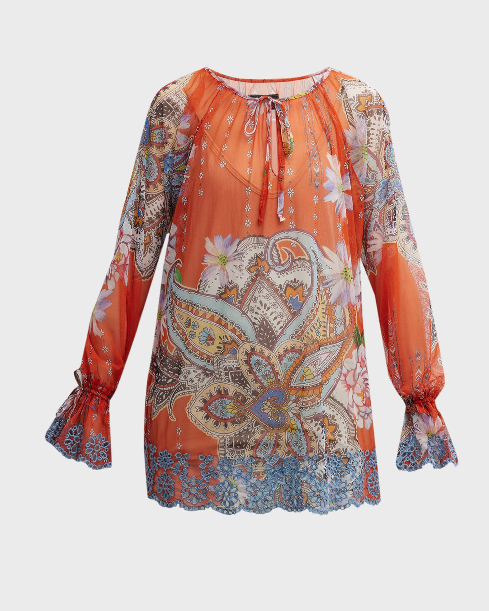 Johnny Was Paisley-Print Eyelet Mesh Blouse With Slip | Neiman Marcus