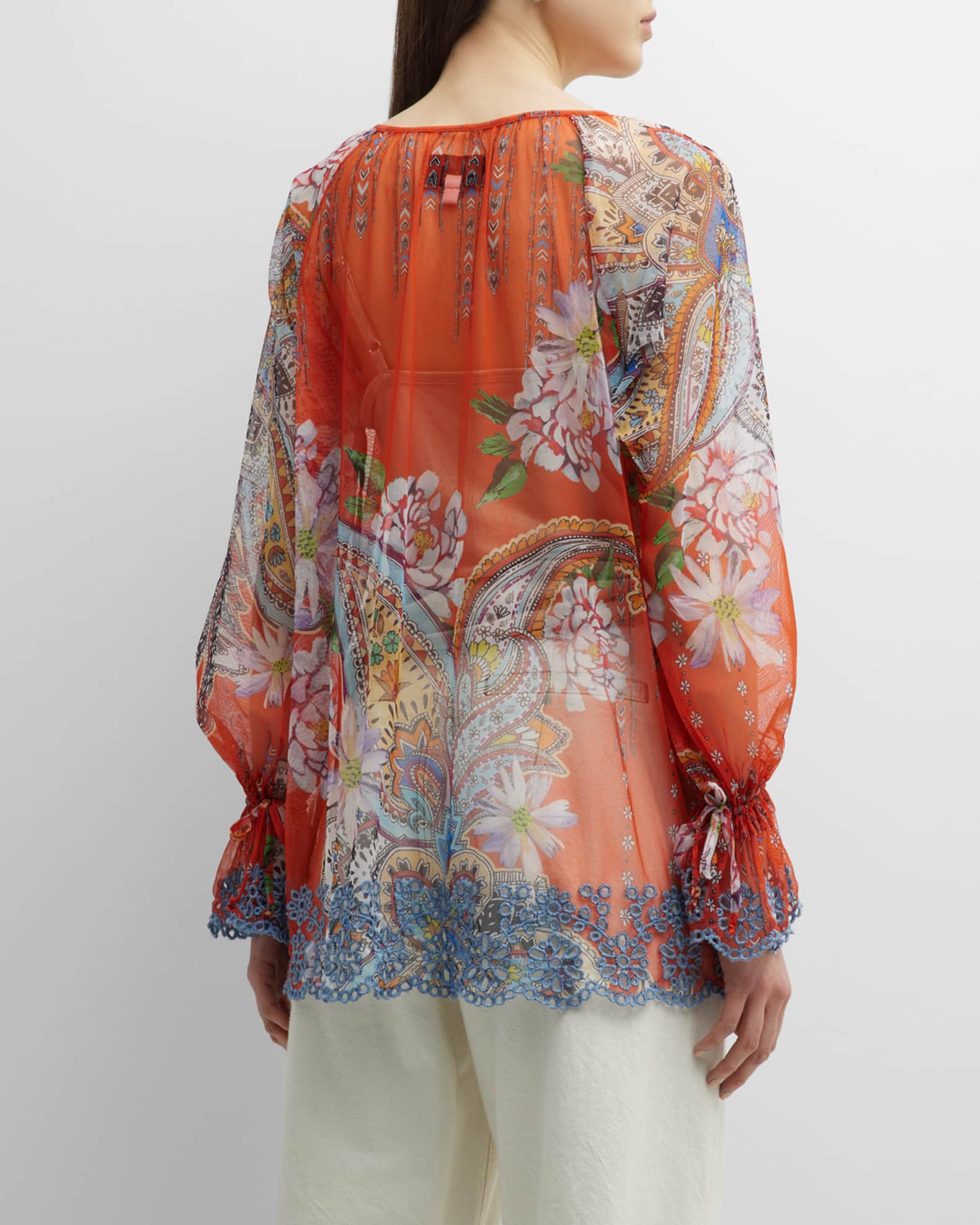 Johnny Was Paisley-Print Eyelet Mesh Blouse With Slip | Neiman Marcus