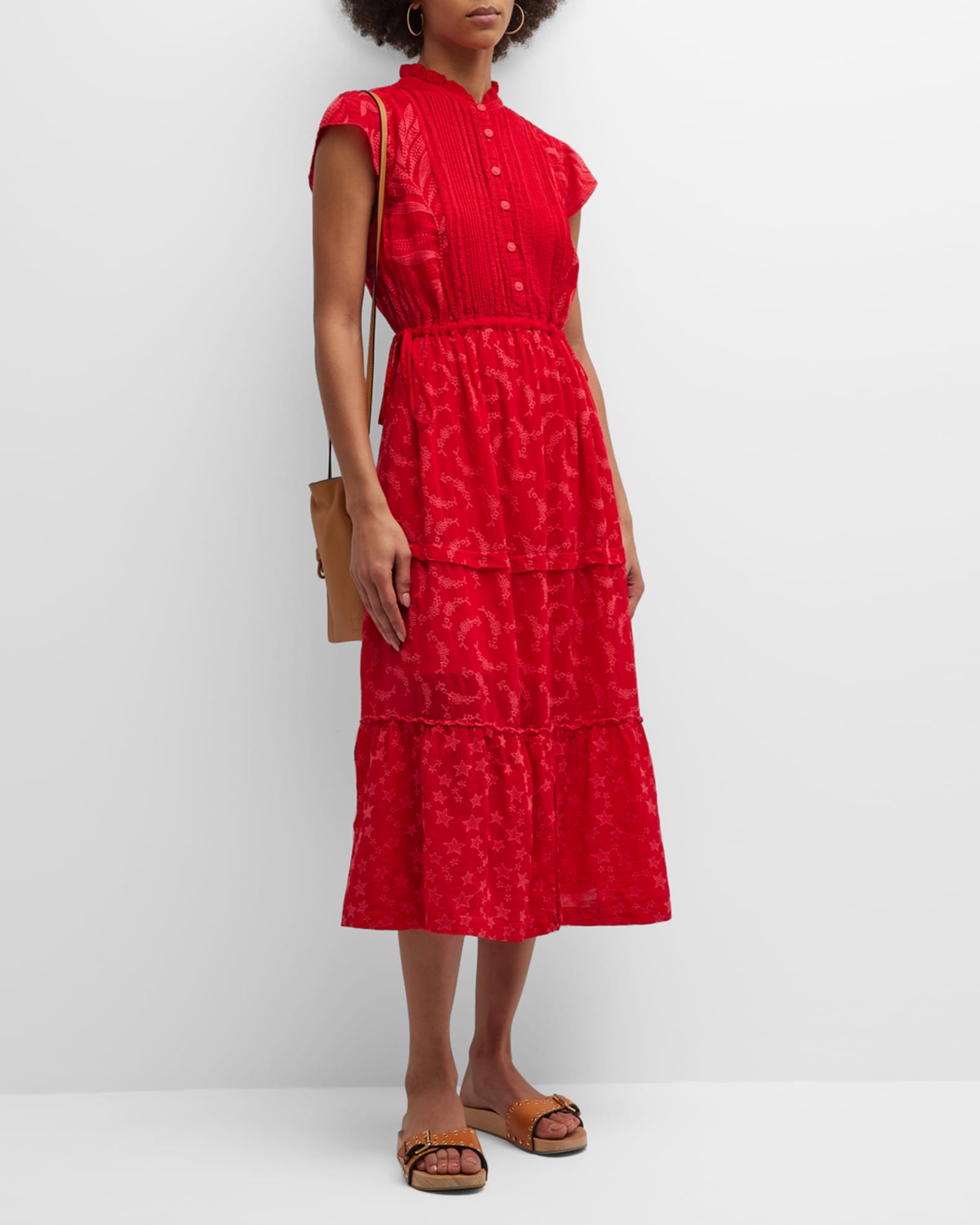 Johnny Was Vitaly Tiered Embroidered Midi Dress with Slip | Neiman Marcus