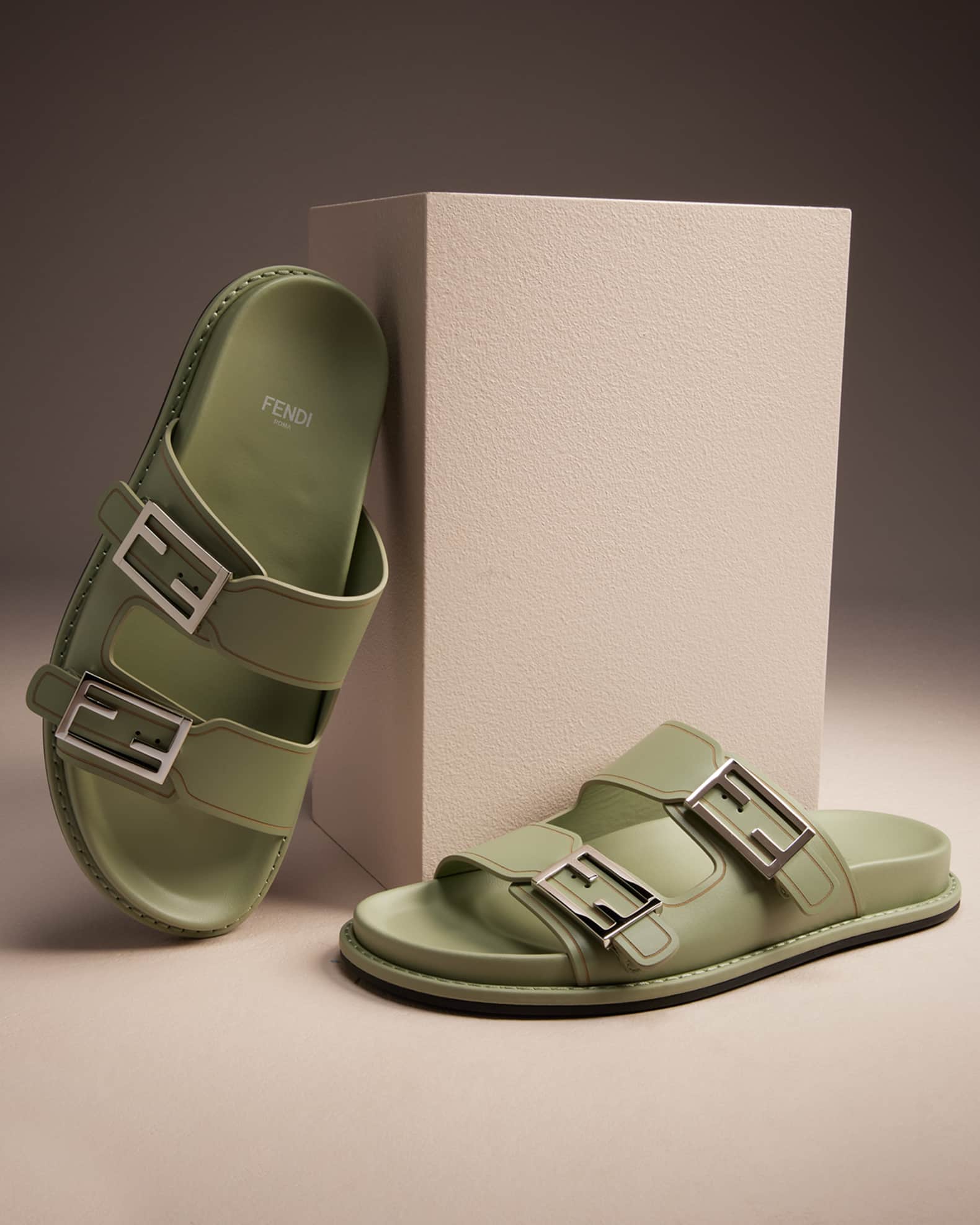 Fendi F Buckle Leather Slide Sandals | Neiman Marcus