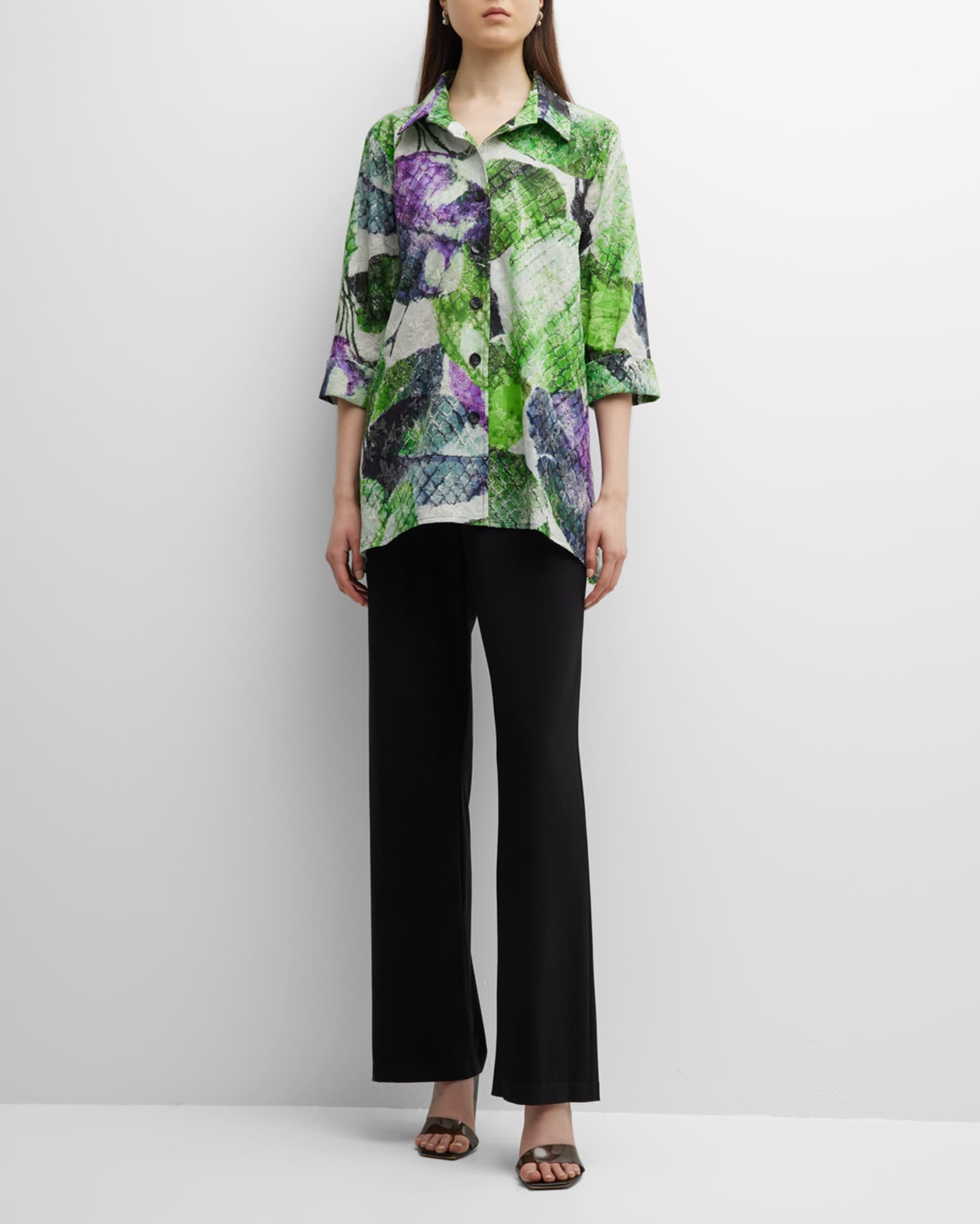 Caroline Rose Paradise Embroidered Botanical-Print Shirt | Neiman Marcus