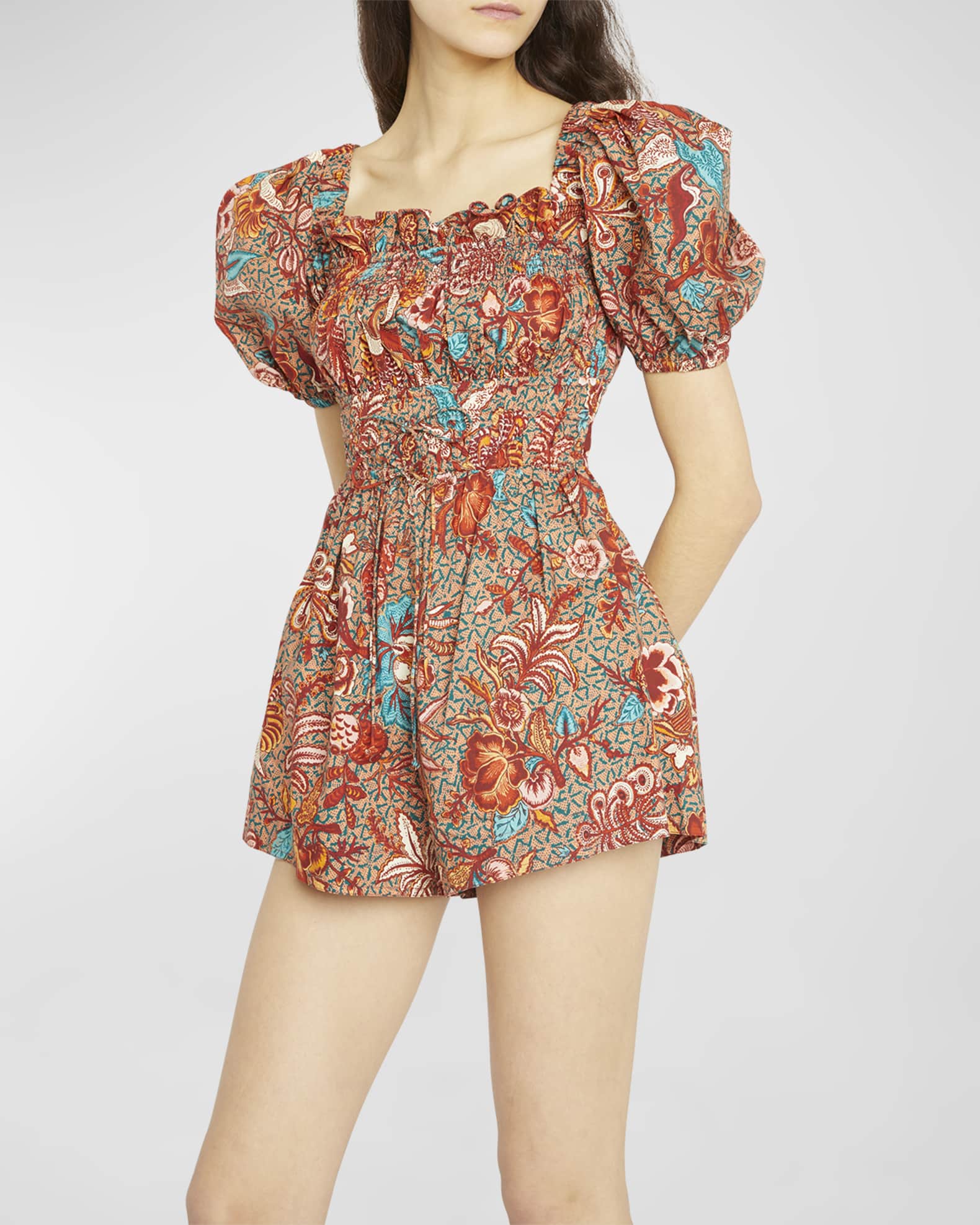 Ulla Johnson Arlo Hibiscus Printed Cotton Poplin Romper | Neiman Marcus