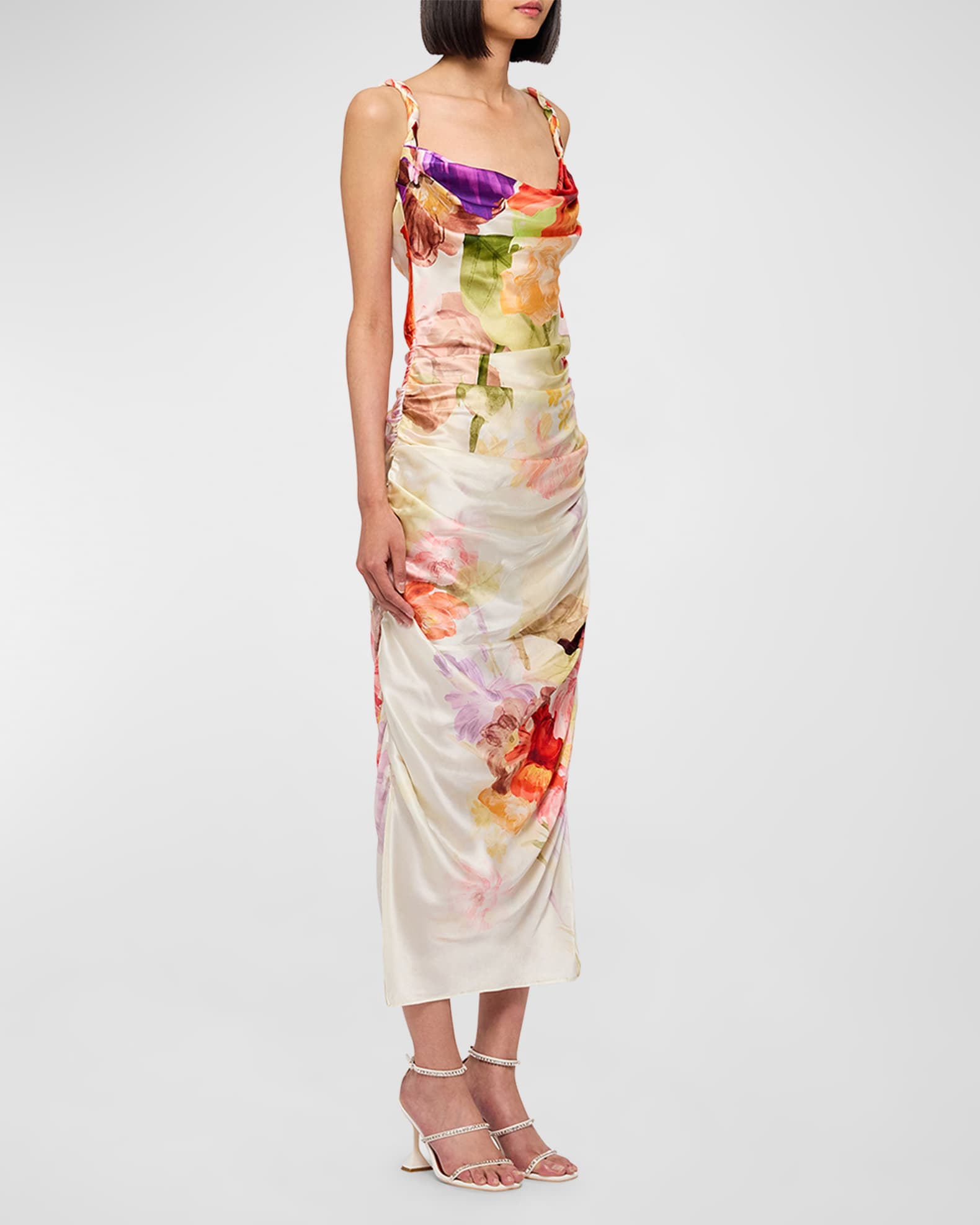LEO LIN Rachel Floral-Print Cowl-Neck Midi Dress | Neiman Marcus