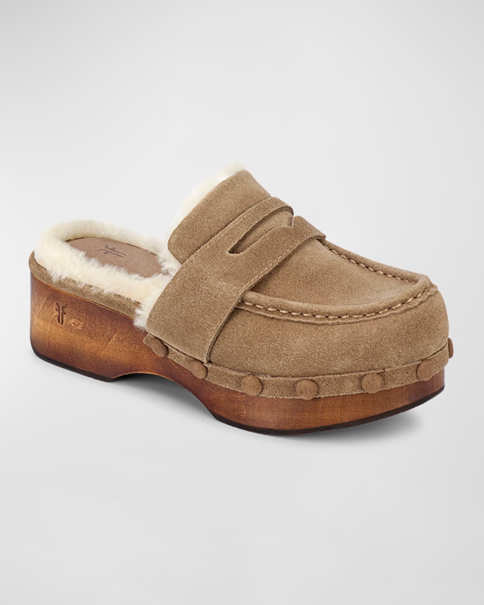 Frye Melody Suede Shearling Penny Loafer Clogs | Neiman Marcus