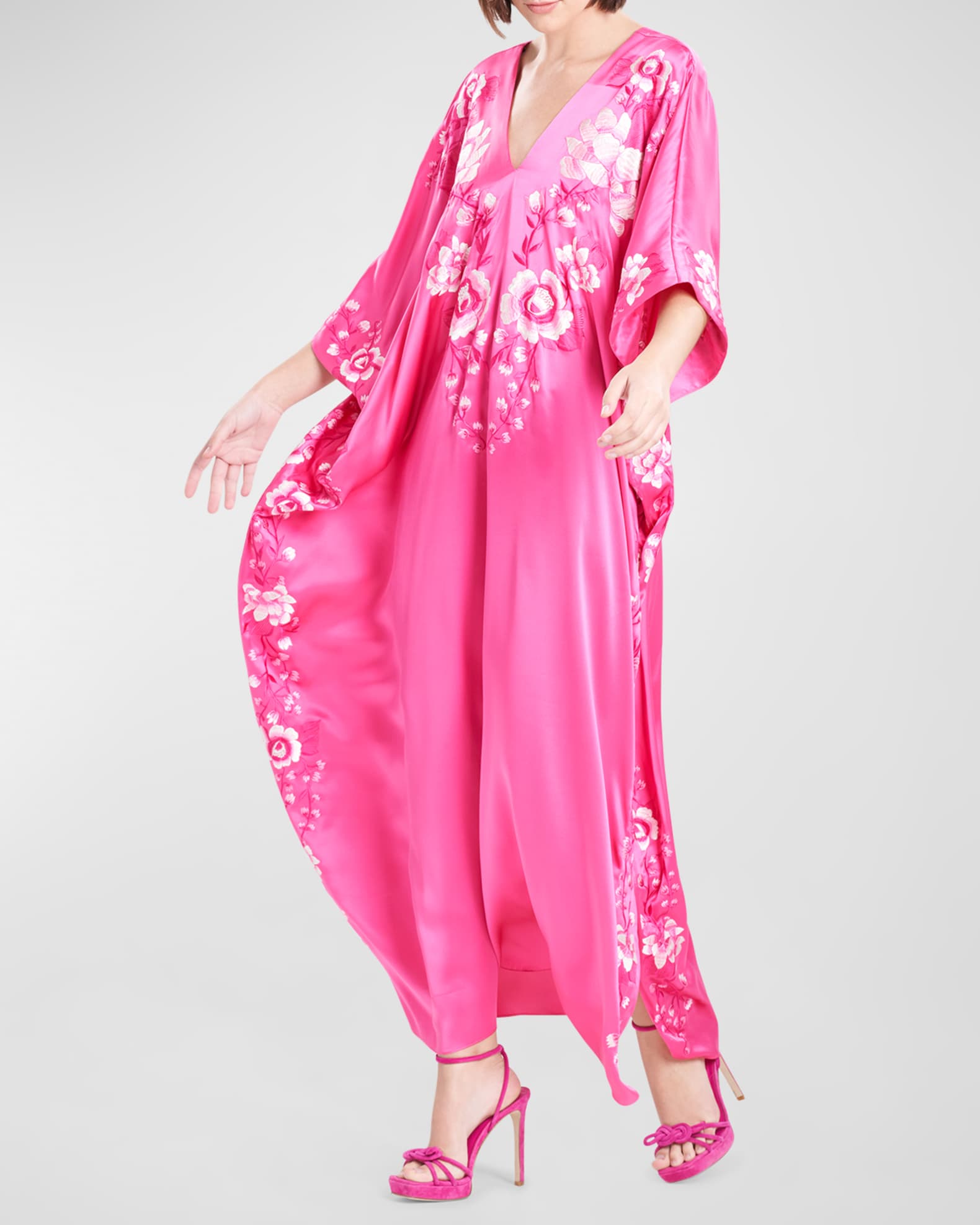 Josie Natori Hanabi Floral-Embroidered Dolman-Sleeve Caftan | Neiman Marcus