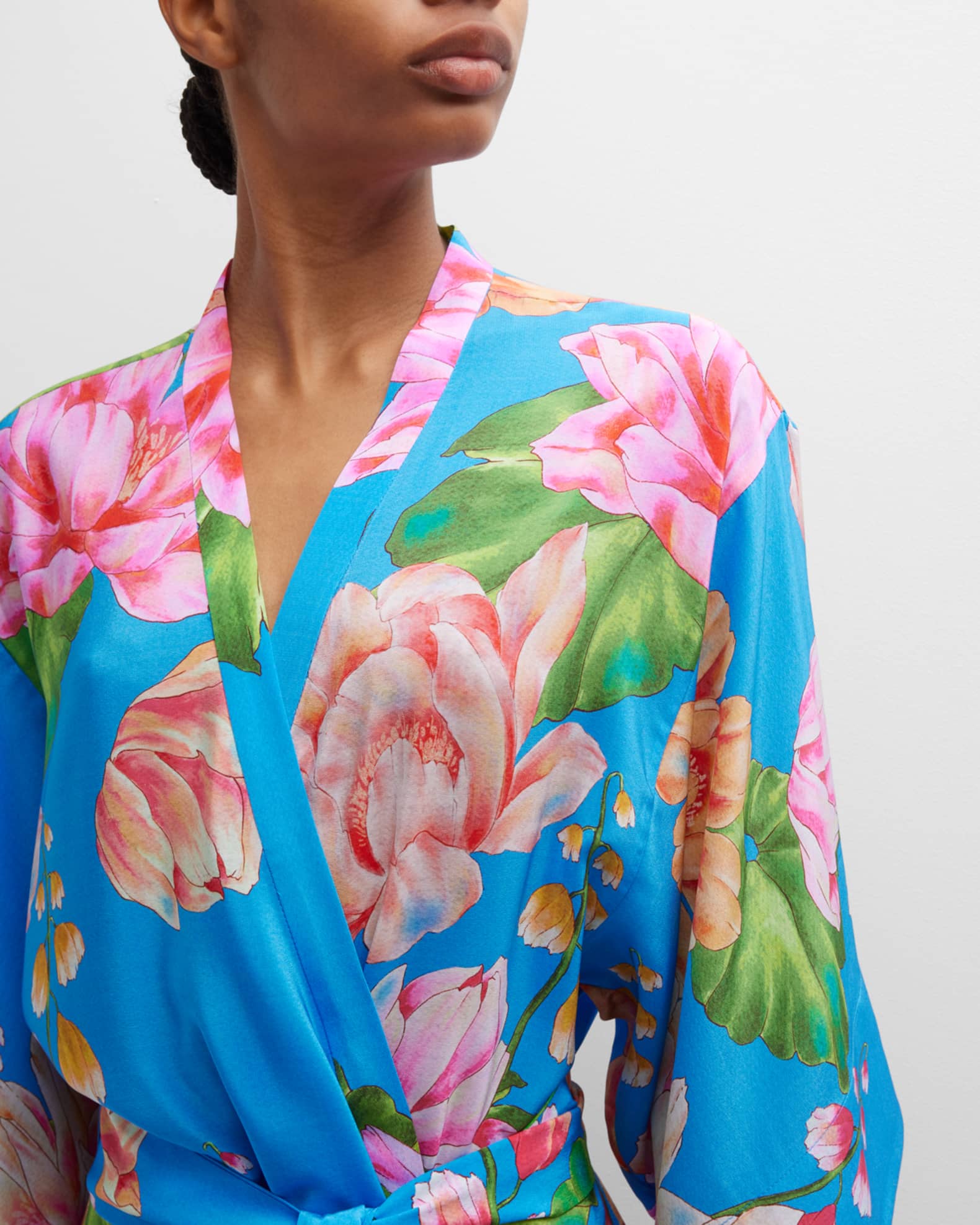 Josie Natori Hanabi Floral-Print Kimono-Sleeve Silk Robe | Neiman Marcus