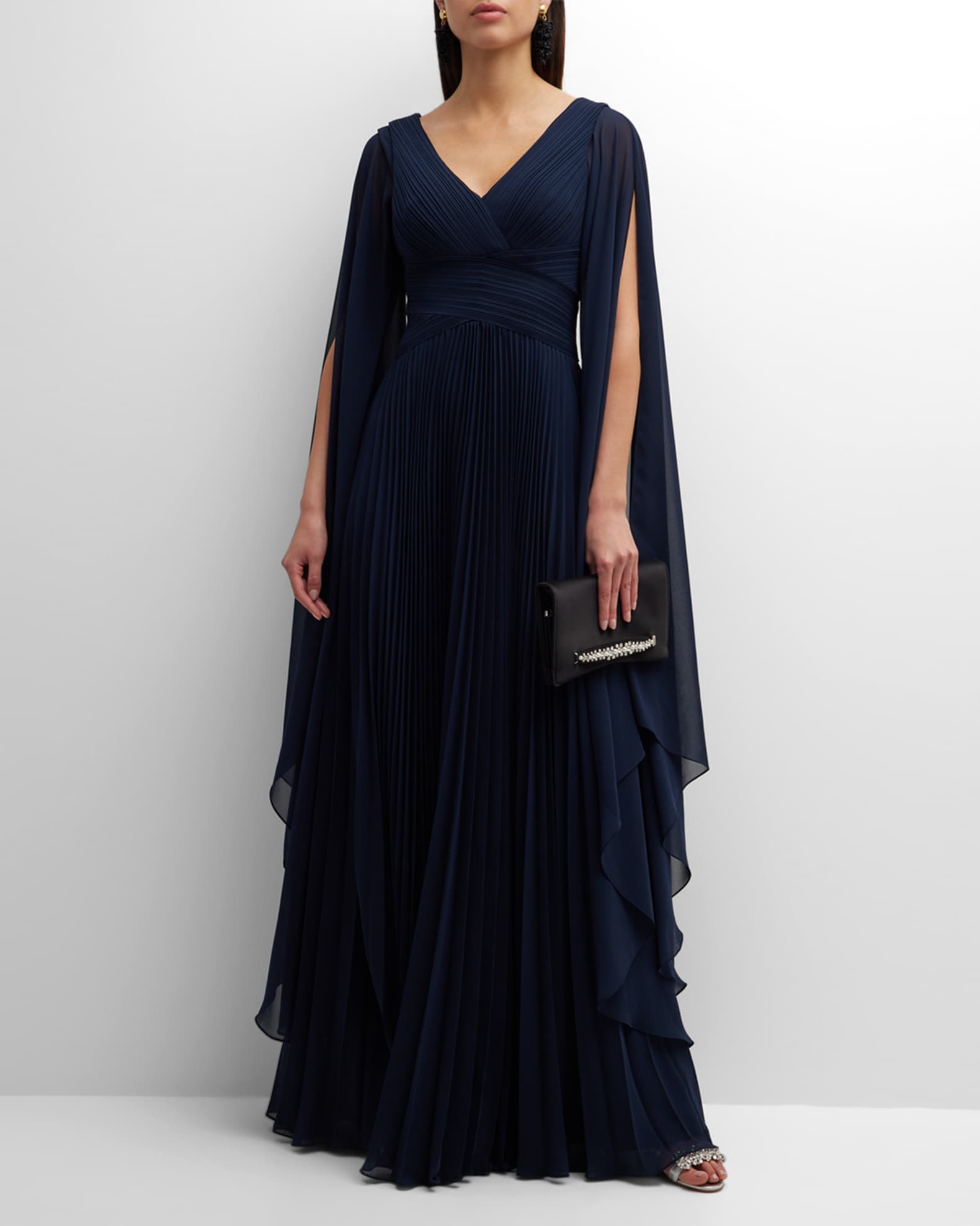 Rickie Freeman for Teri Jon Pleated Chiffon Fly-Away Gown | Neiman Marcus