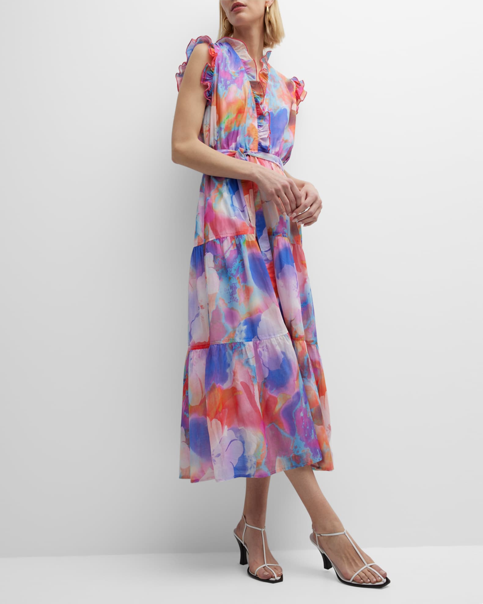 Finley Kat Tiered Floral-Print Ruffle-Trim Midi Dress | Neiman Marcus