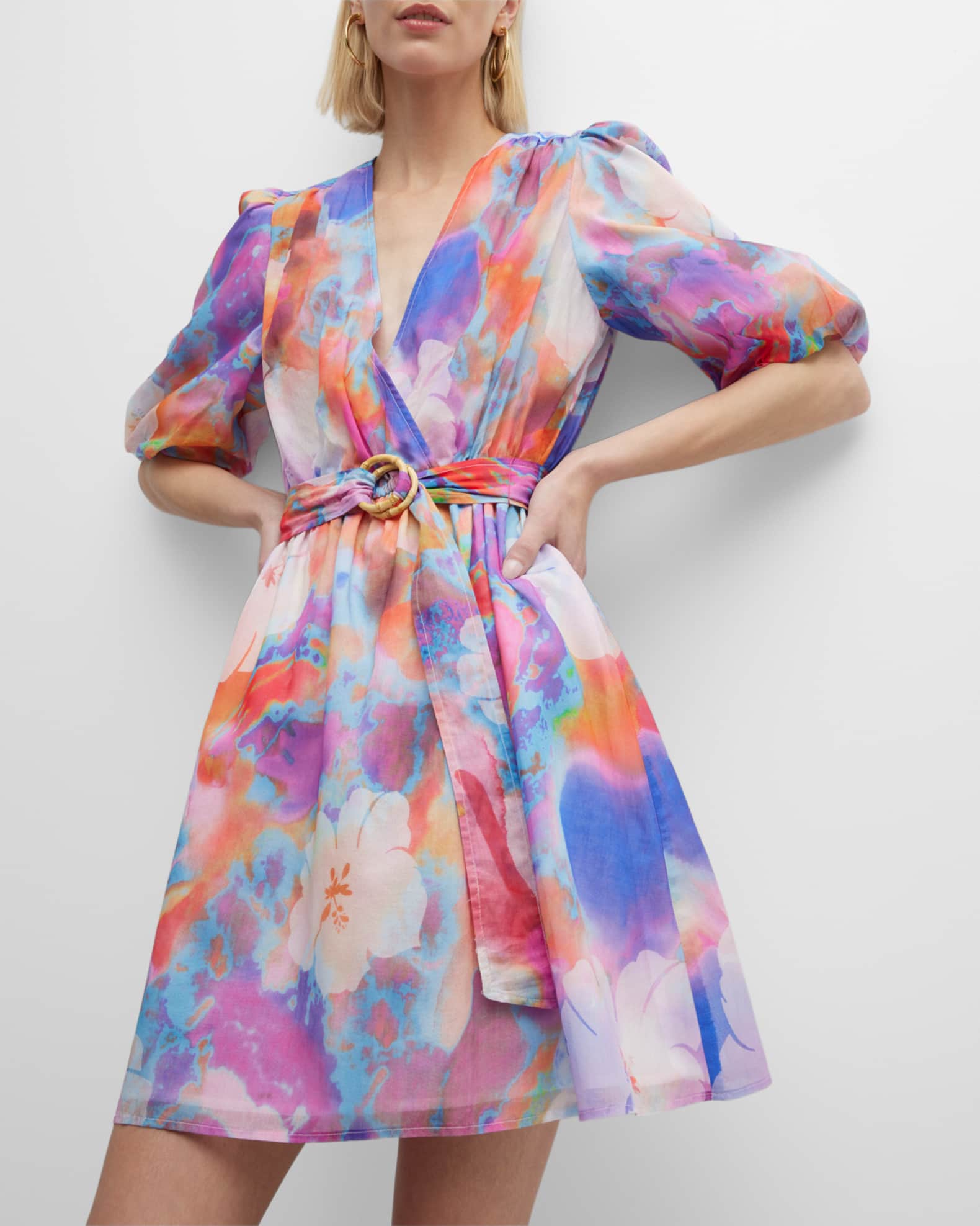 Finley Lilly Floral-Print Blouson-Sleeve Wrap Dress | Neiman Marcus