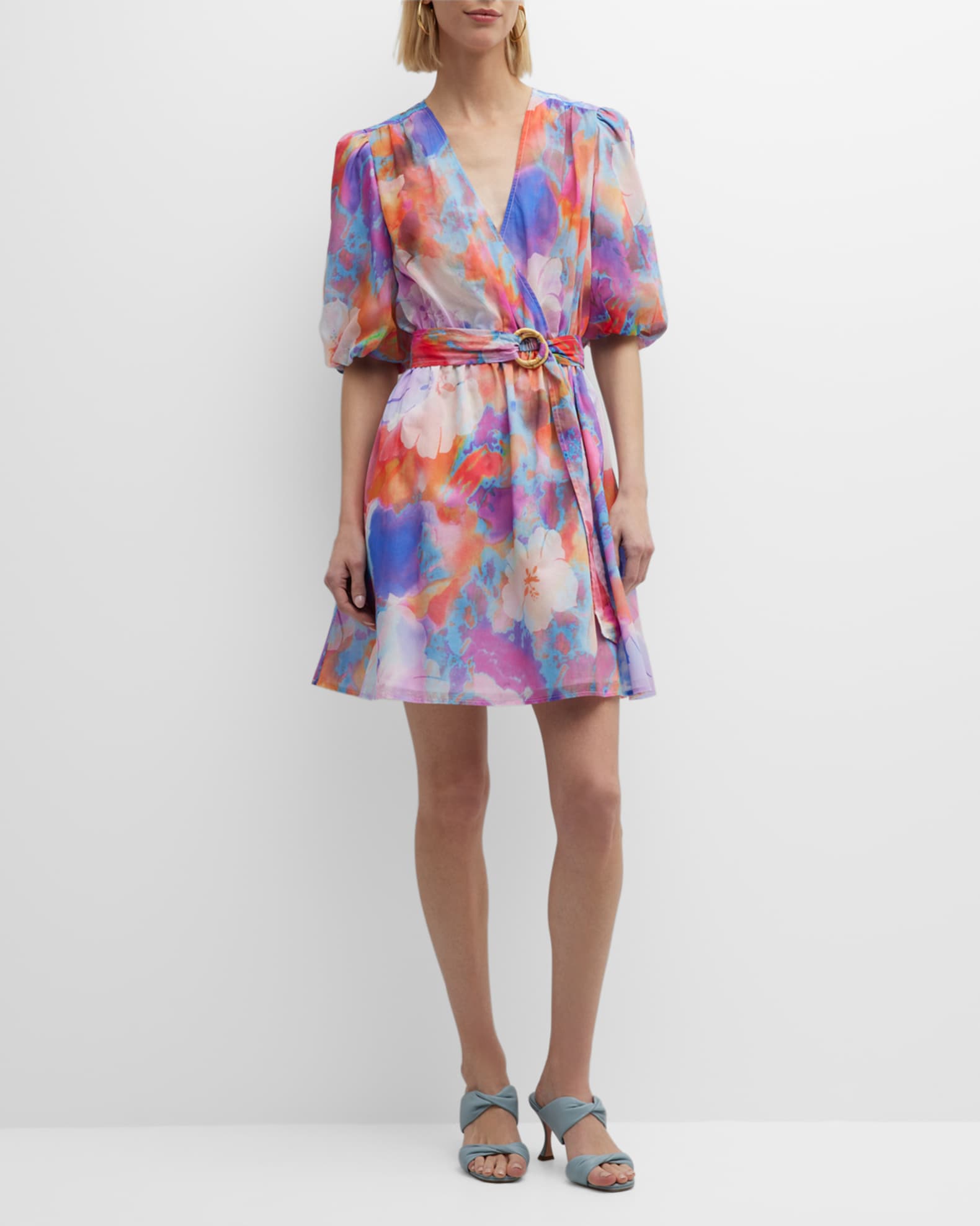 Finley Lilly Floral-Print Blouson-Sleeve Wrap Dress | Neiman Marcus