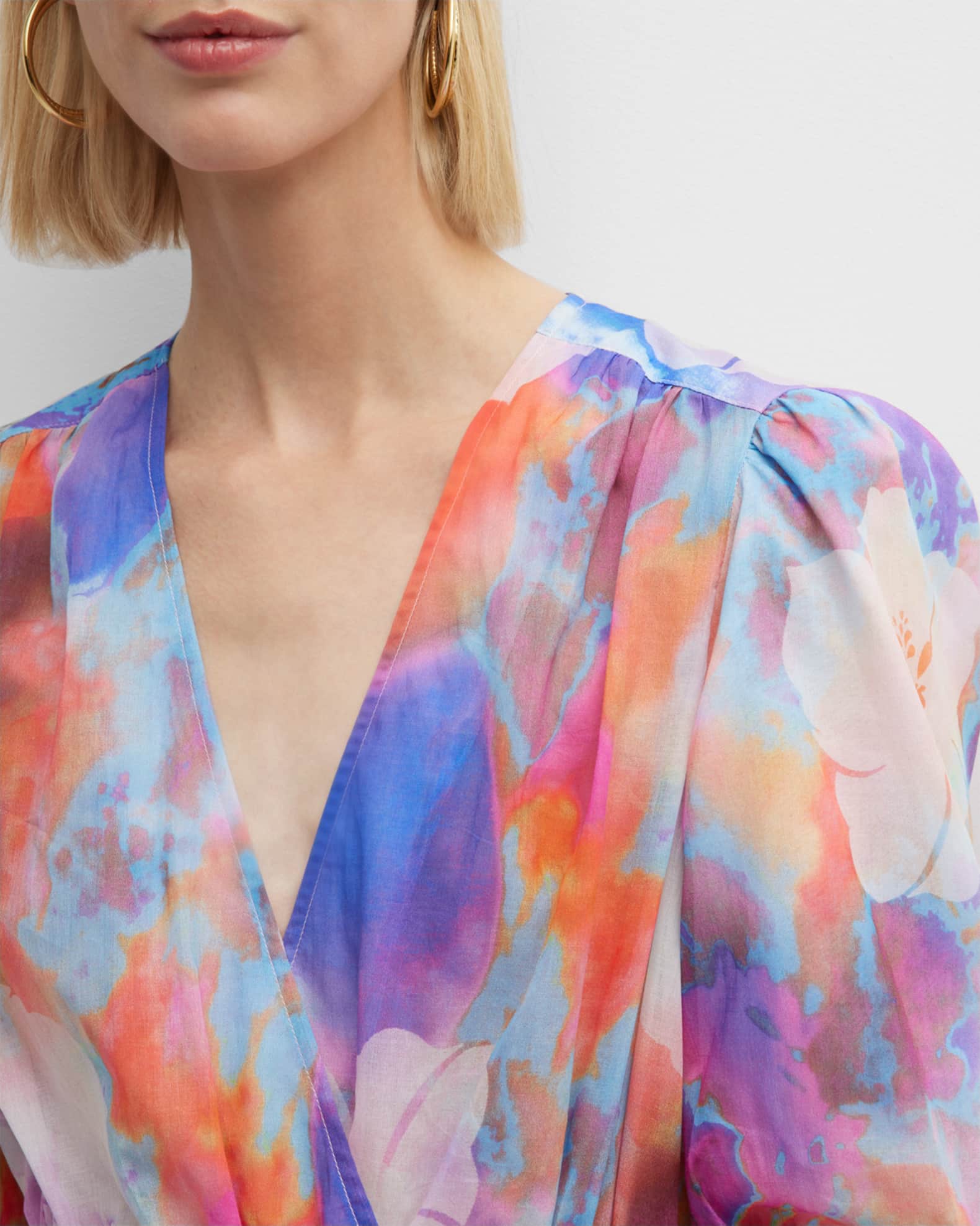 Finley Lilly Floral-Print Blouson-Sleeve Wrap Dress | Neiman Marcus