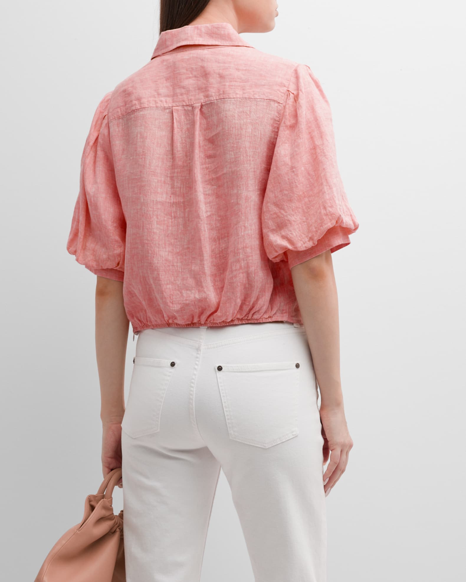 Finley Bomba Blouson-Sleeve Twist-Front Linen Shirt | Neiman Marcus