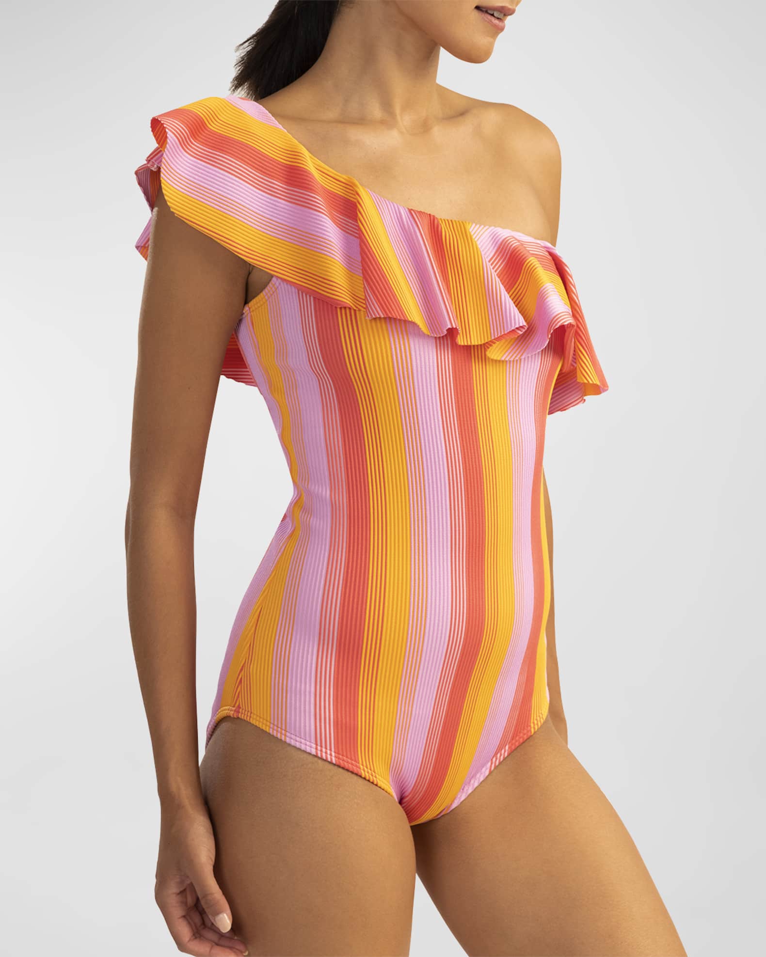 Shoshanna Striped One-Shoulder Ruffle One-Piece Swimsuit | Neiman Marcus