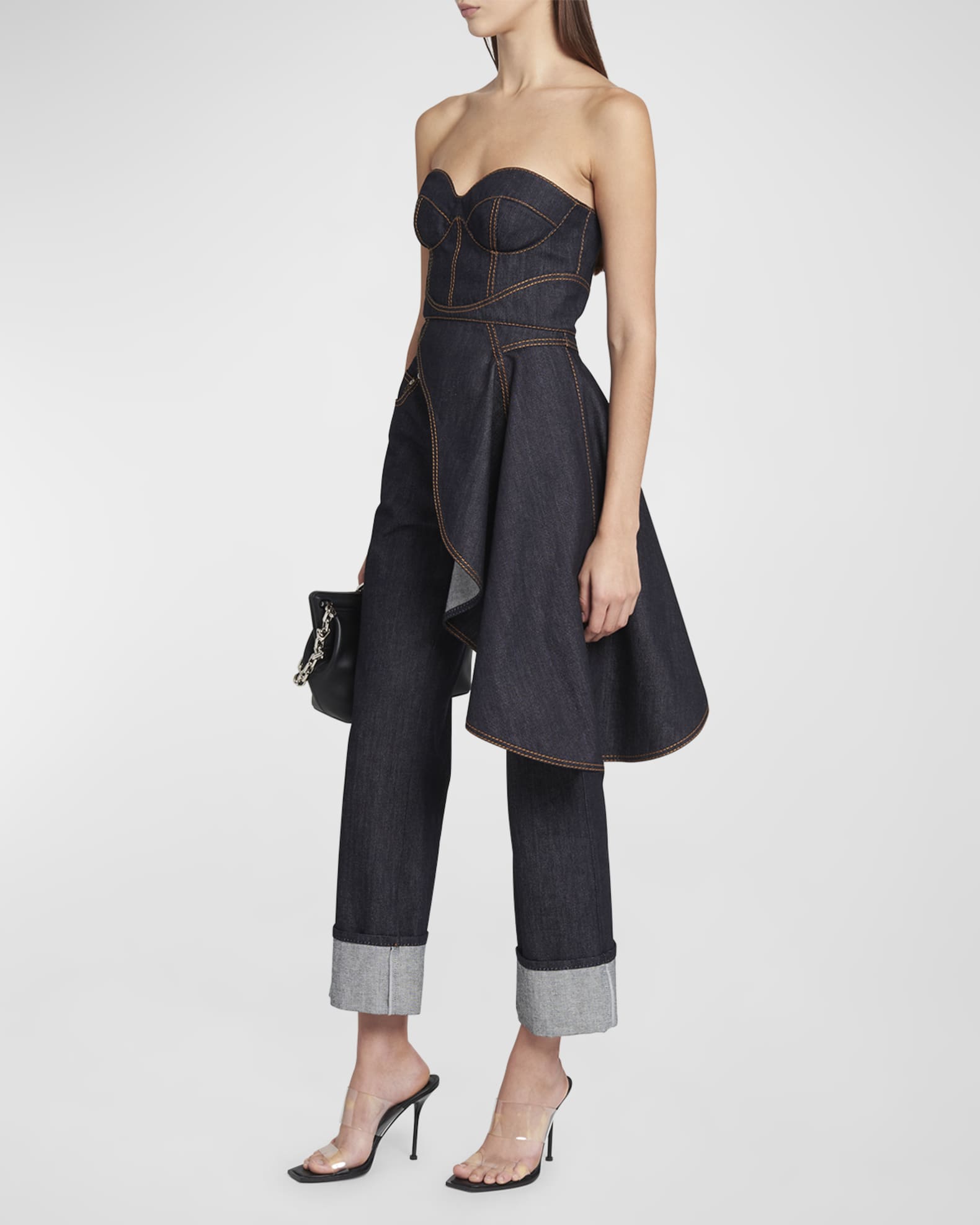 Alexander McQueen Asymmetric Peplum Denim Bustier Top | Neiman Marcus