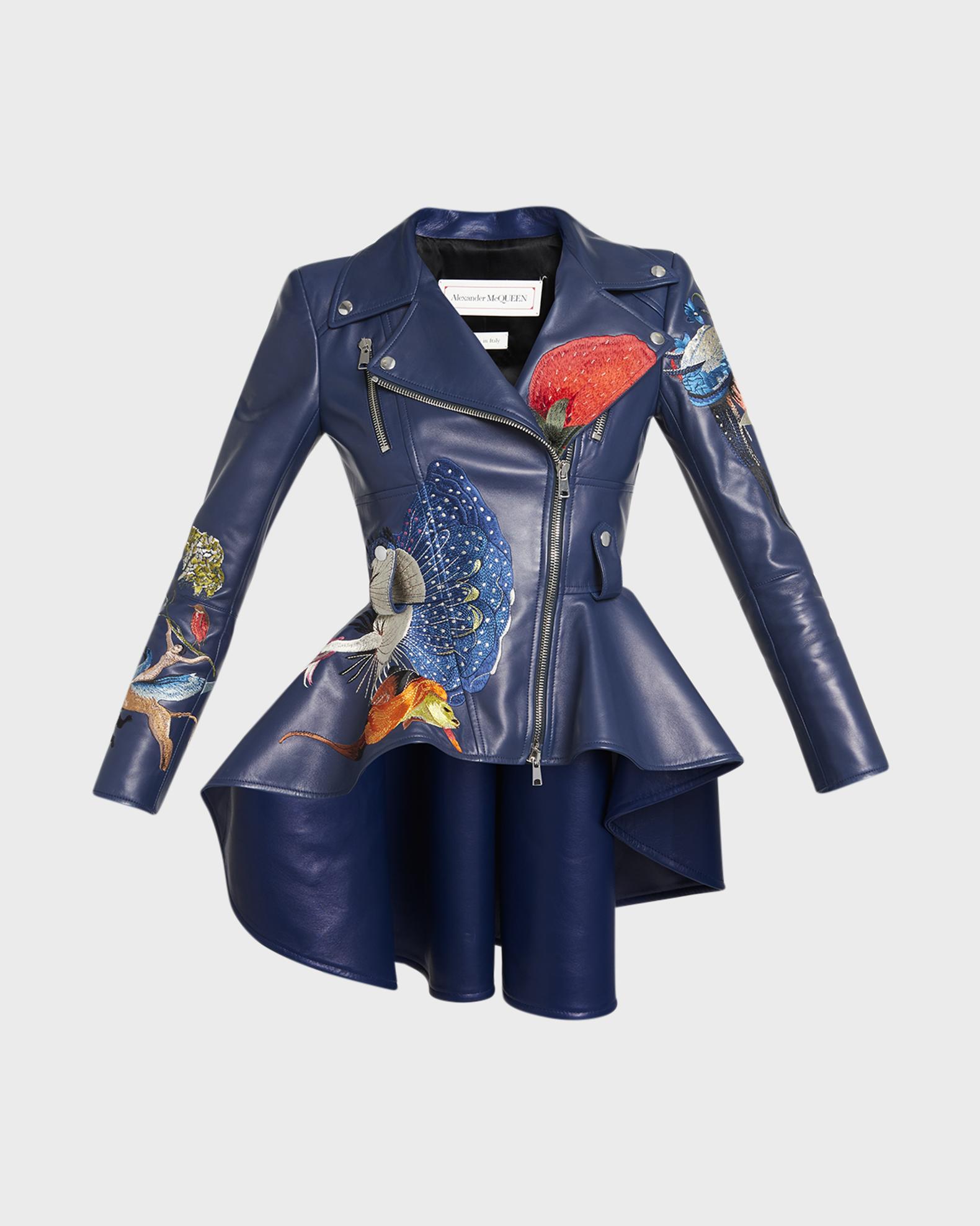 Alexander McQueen Embroidered Leather Peplum Motorcycle Jacket | Neiman ...