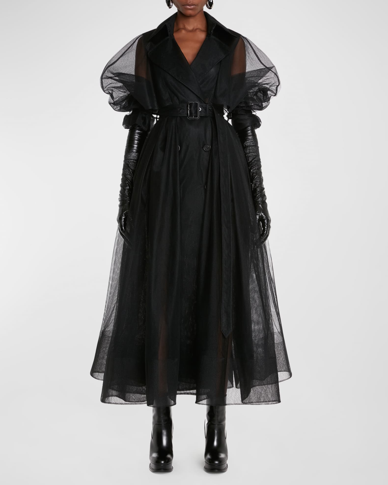 Alexander McQueen Sheer Tulle Trench Coat with Long Belt | Neiman Marcus