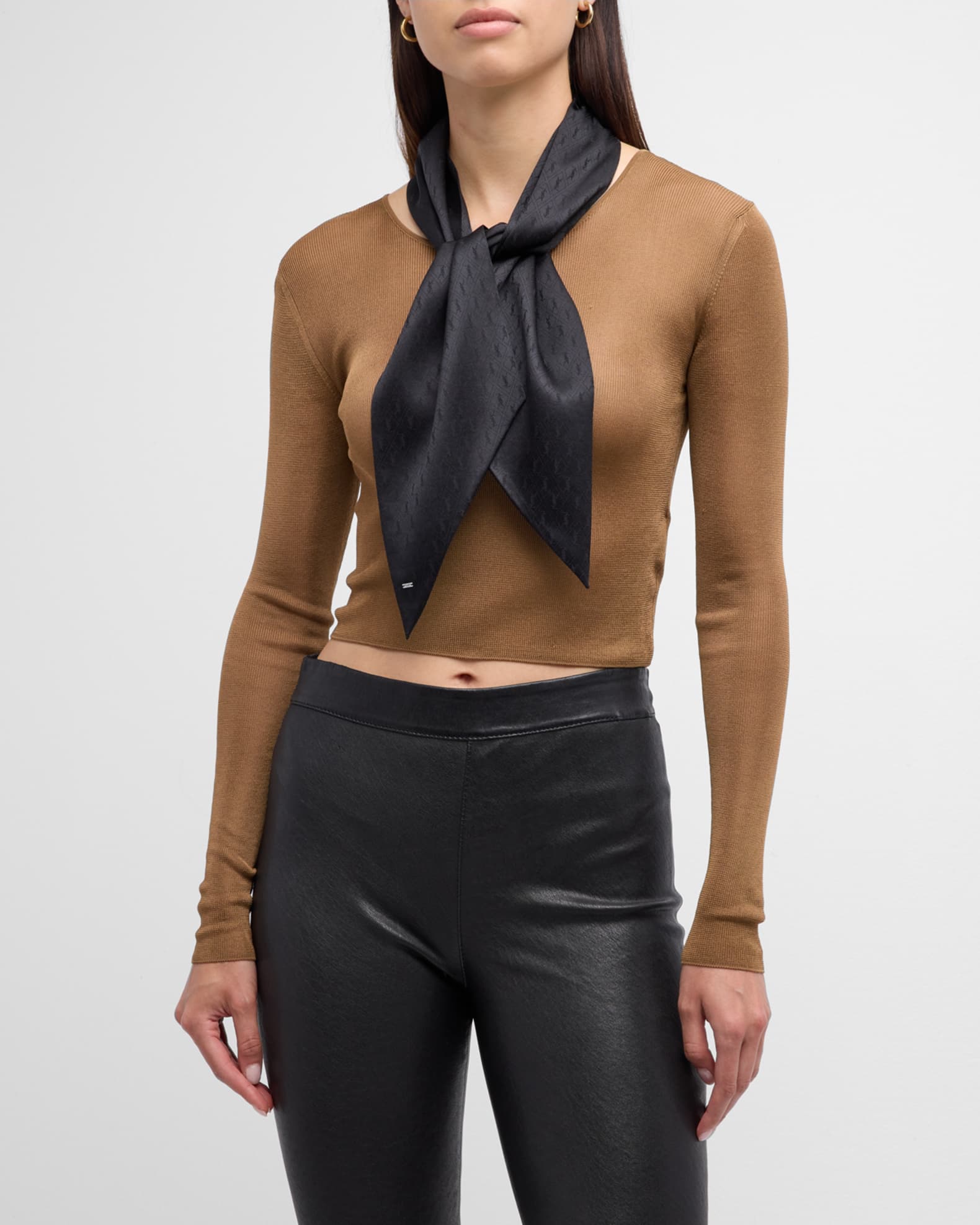 Saint Laurent Jacquard Monogram Silk Twill Skinny Scarf | Neiman Marcus