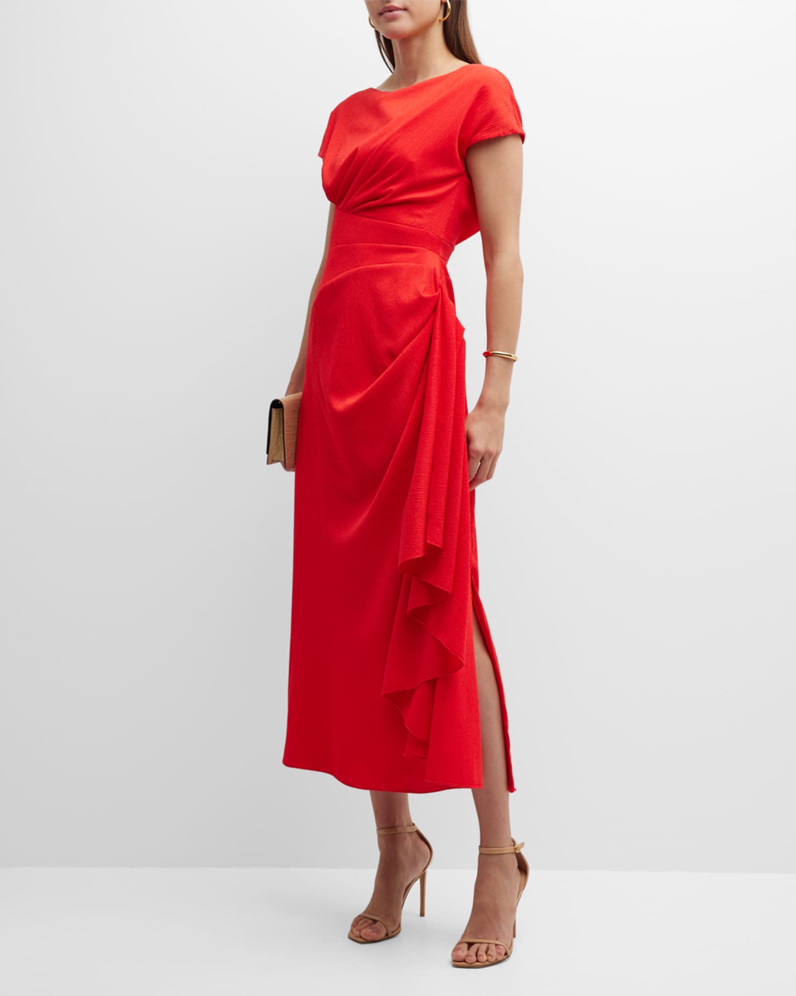 Lela Rose Side Ruched Satin-Effect Midi Dress | Neiman Marcus