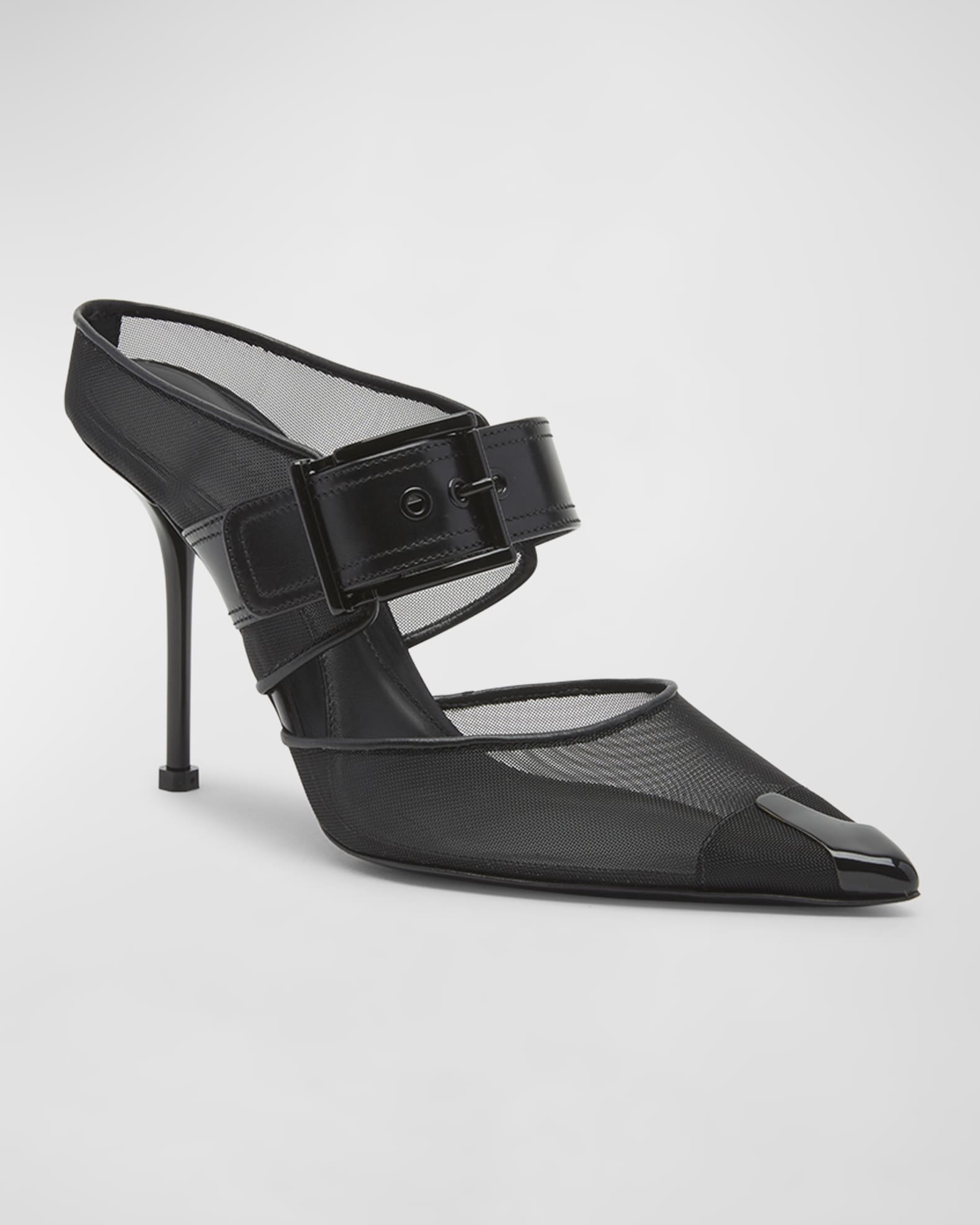 Alexander McQueen Leather Mesh Buckle Stiletto Mules | Neiman Marcus