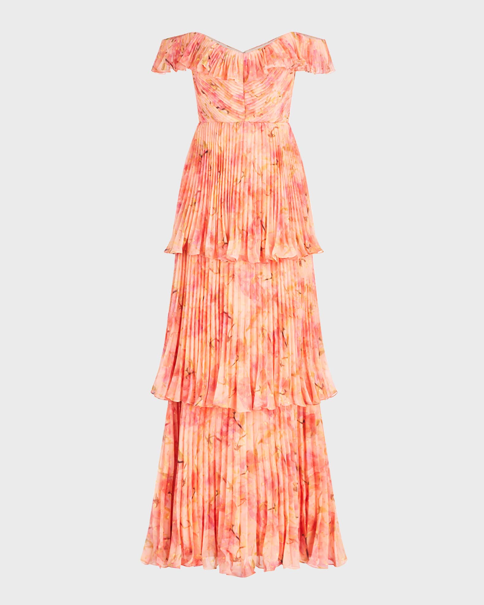 Theia Beth Tiered Pleated Off-Shoulder Gown | Neiman Marcus