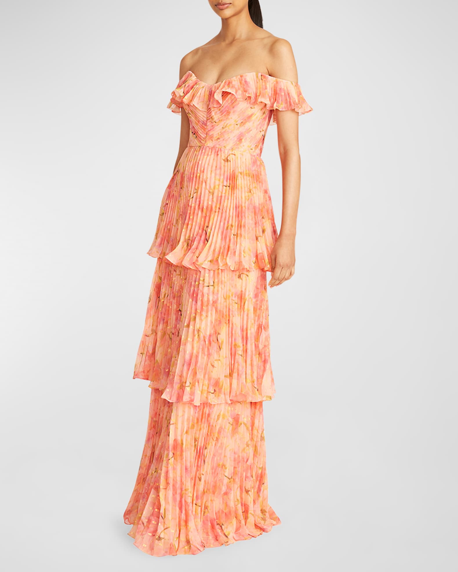 Theia Beth Tiered Pleated Off-Shoulder Gown | Neiman Marcus