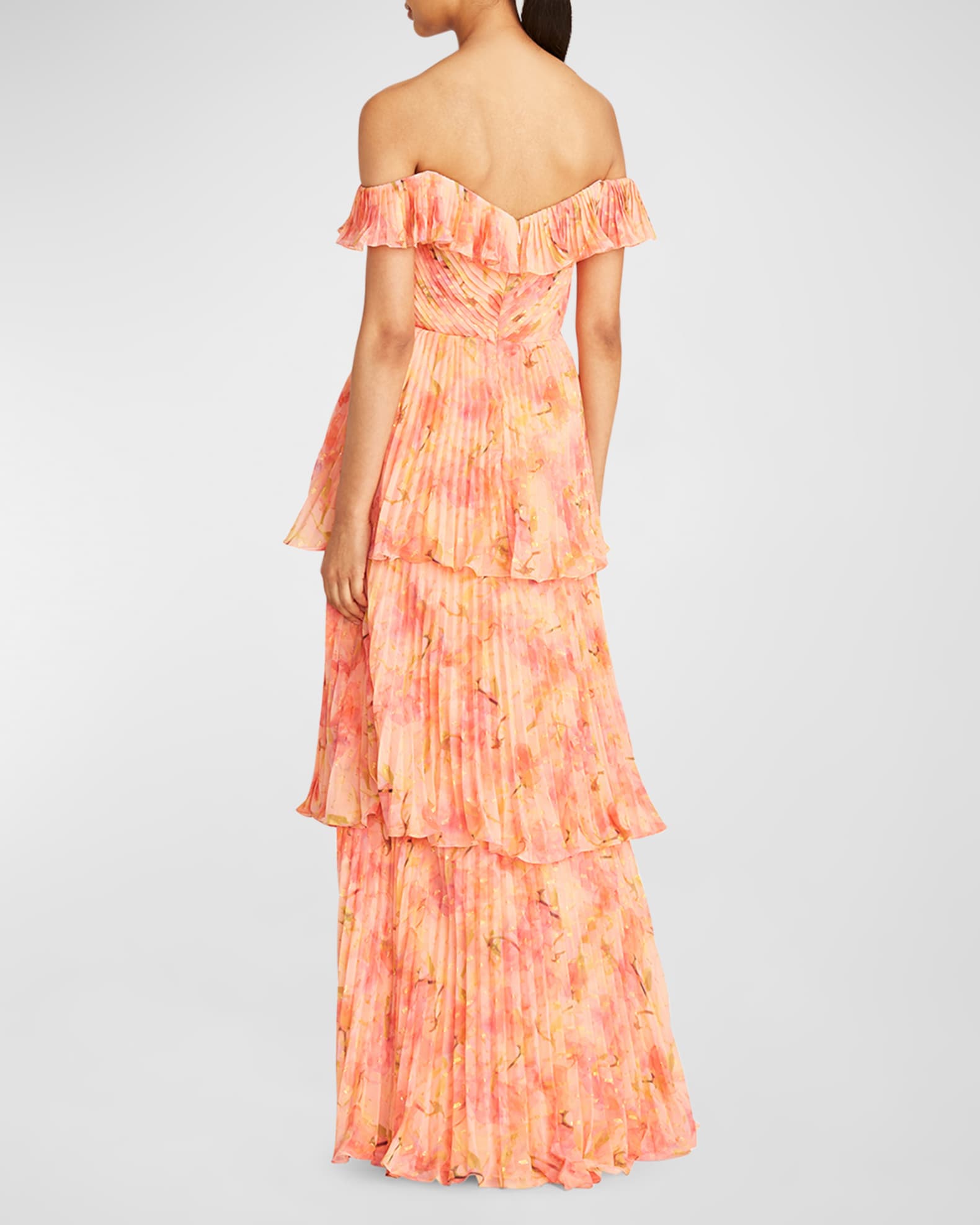Theia Beth Tiered Pleated Off-Shoulder Gown | Neiman Marcus