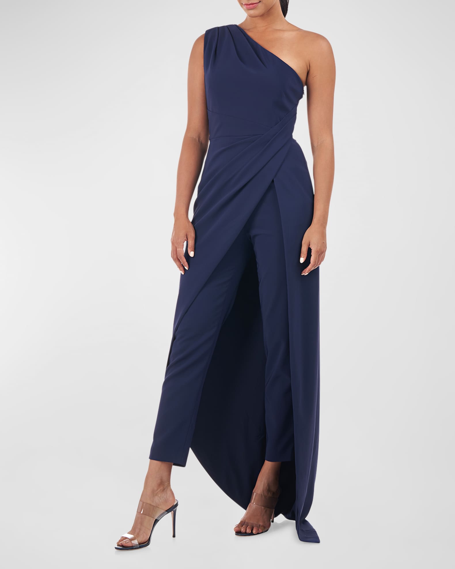 Kay Unger New York Pleated One-Shoulder Crepe Walk-Thru Jumpsuit ...