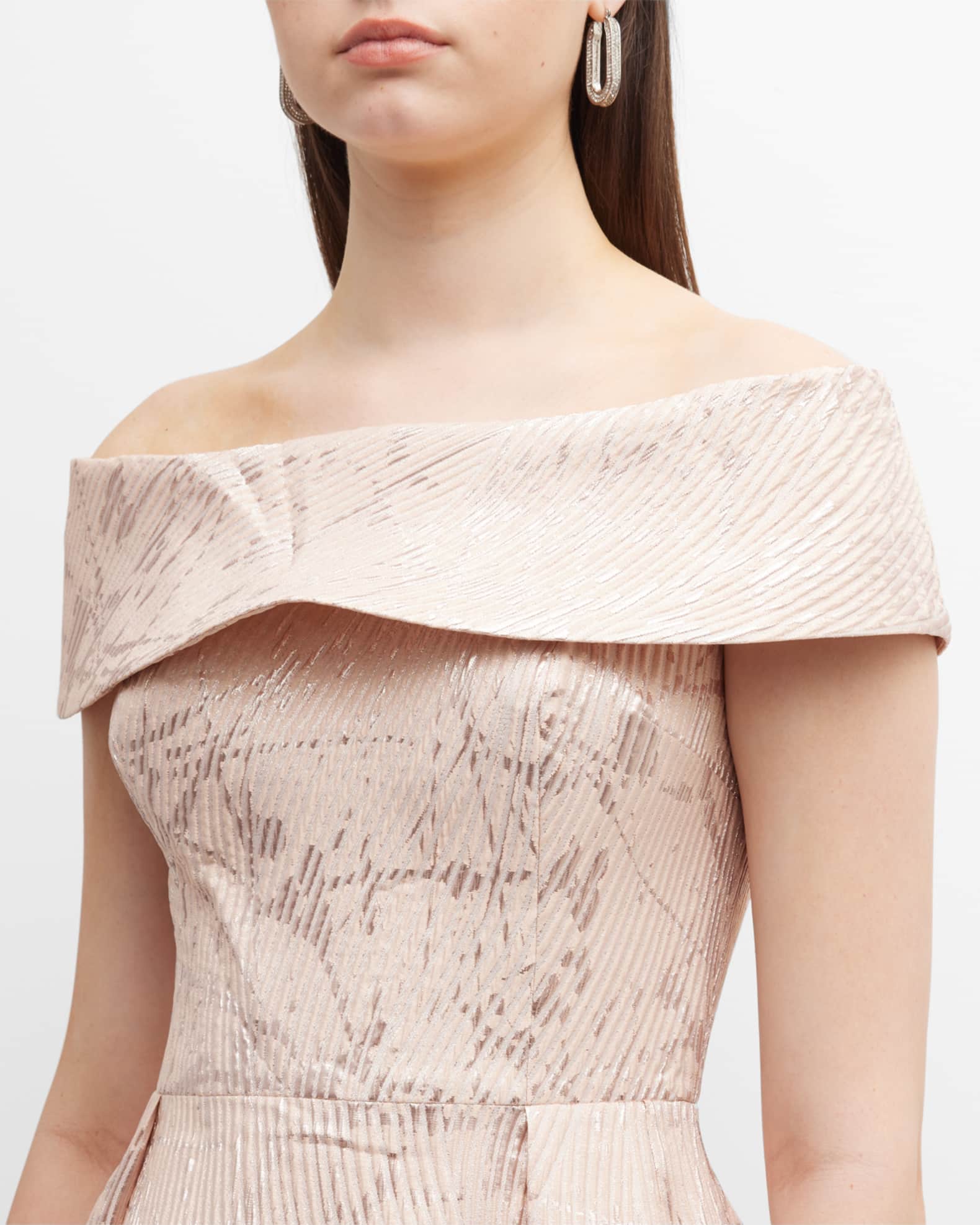 Rickie Freeman for Teri Jon Pleated Off-Shoulder High-Low Jacquard Gown ...