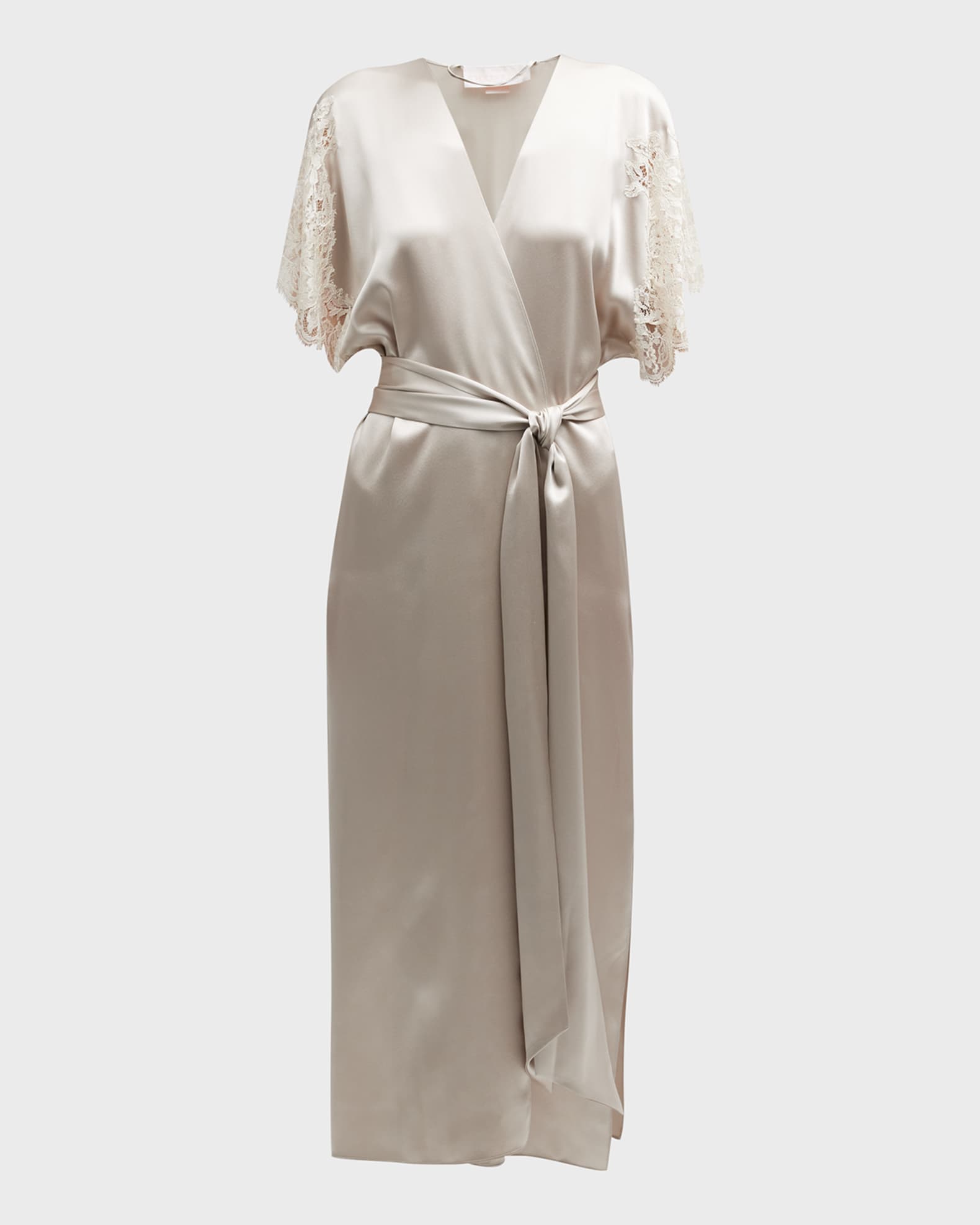 Christine Lingerie Venus Long Lace-Sleeve Silk Robe | Neiman Marcus