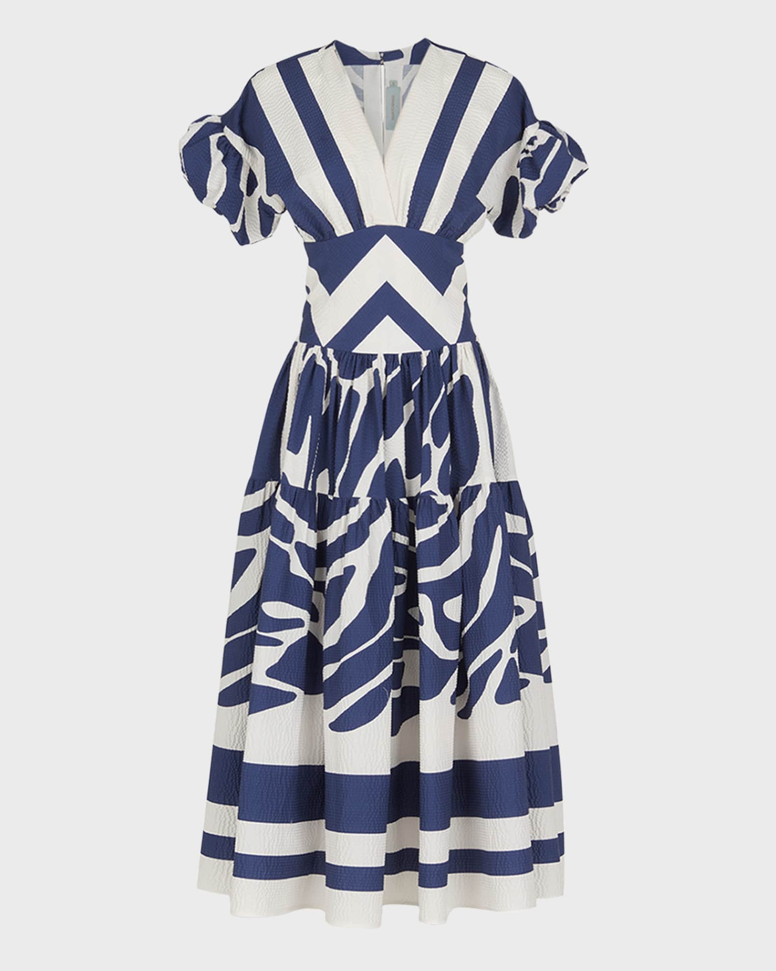 Silvia Tcherassi Genuario Puff Sleeve Tiered Seersucker Midi Dress