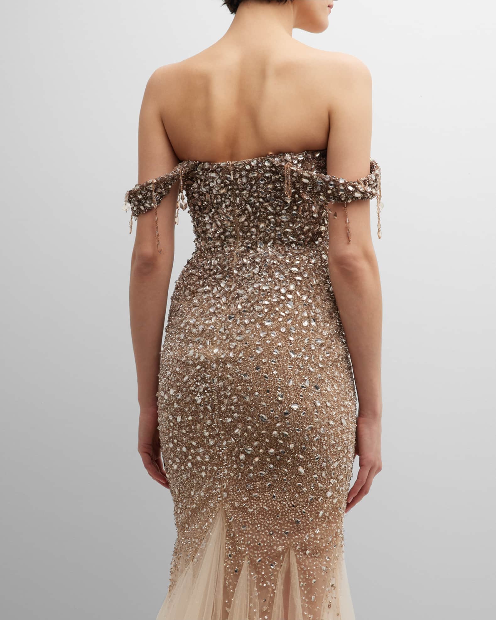 Pamella Roland Tulle Off-Shoulder Gown with Ombre Embroidered Details ...