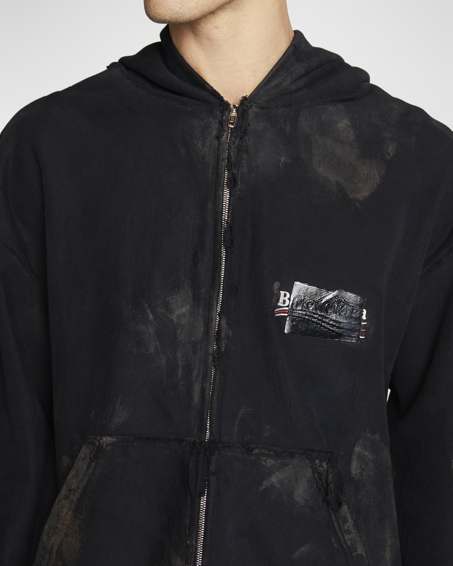 Balenciaga Men's Distressed Zip-Up Logo Hoodie | Neiman Marcus