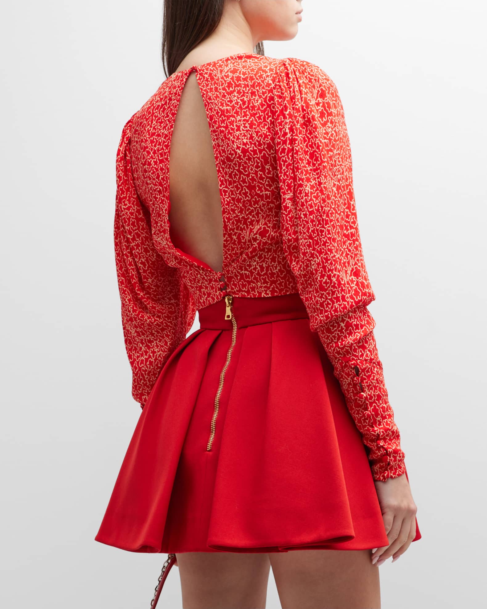Rotate Birger Christensen Cropped Puffed Sleeve Cut-Out Top | Neiman Marcus
