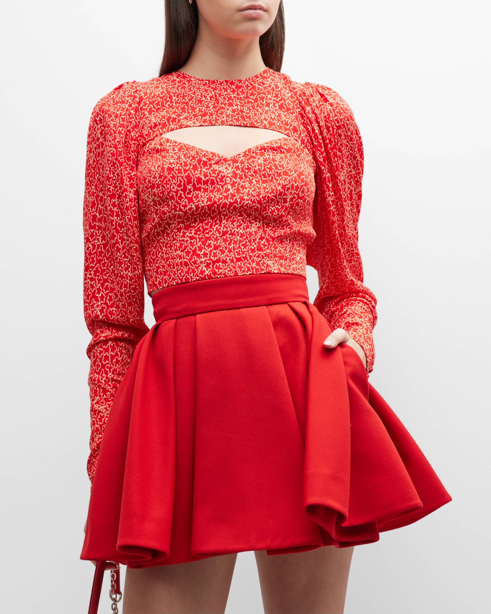 Rotate Birger Christensen Cropped Puffed Sleeve Cut-Out Top | Neiman Marcus